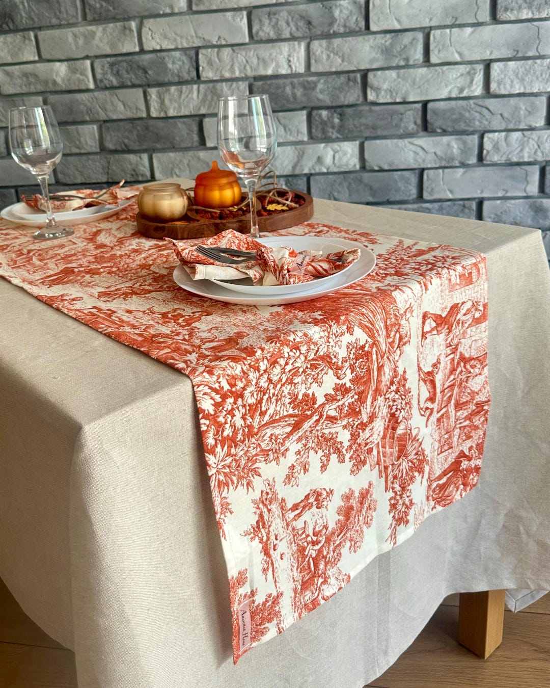 Fall Wedding Table Runner and Napkins – Autumn Toile De Jouy Table ...