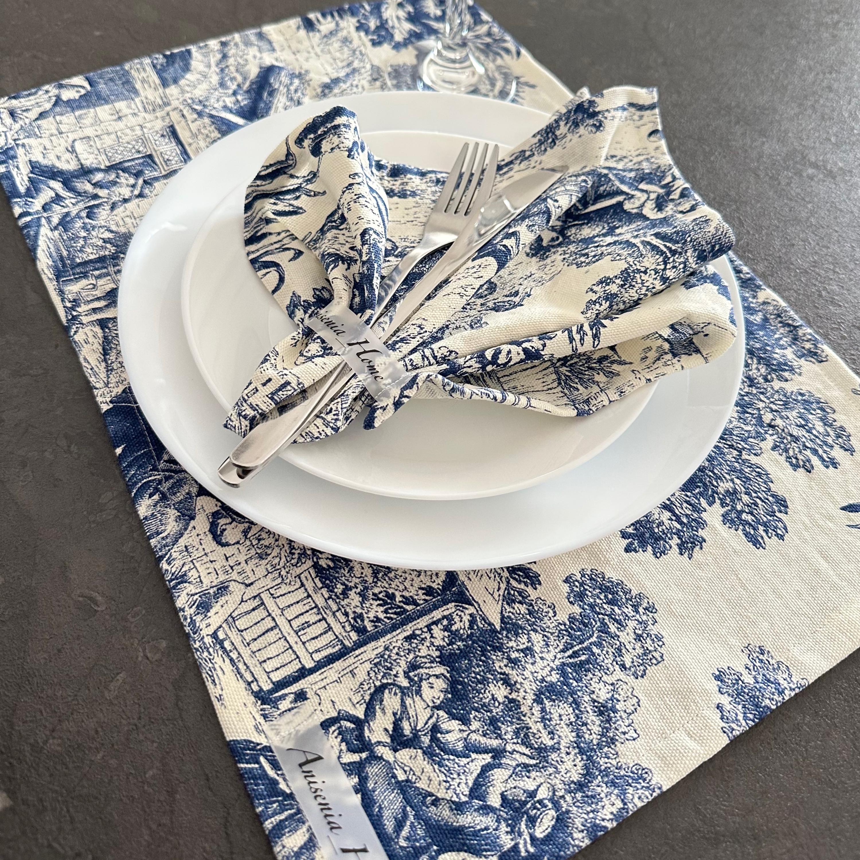 Blue Toile De Jouy Napkins - Handmade Thick Cotton Cloth Napkins ...