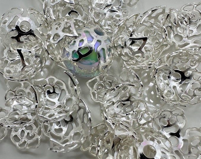 Flower Silver Bead Caps, Bead Caps for 16mm Beads, Bead Caps for DIY ...