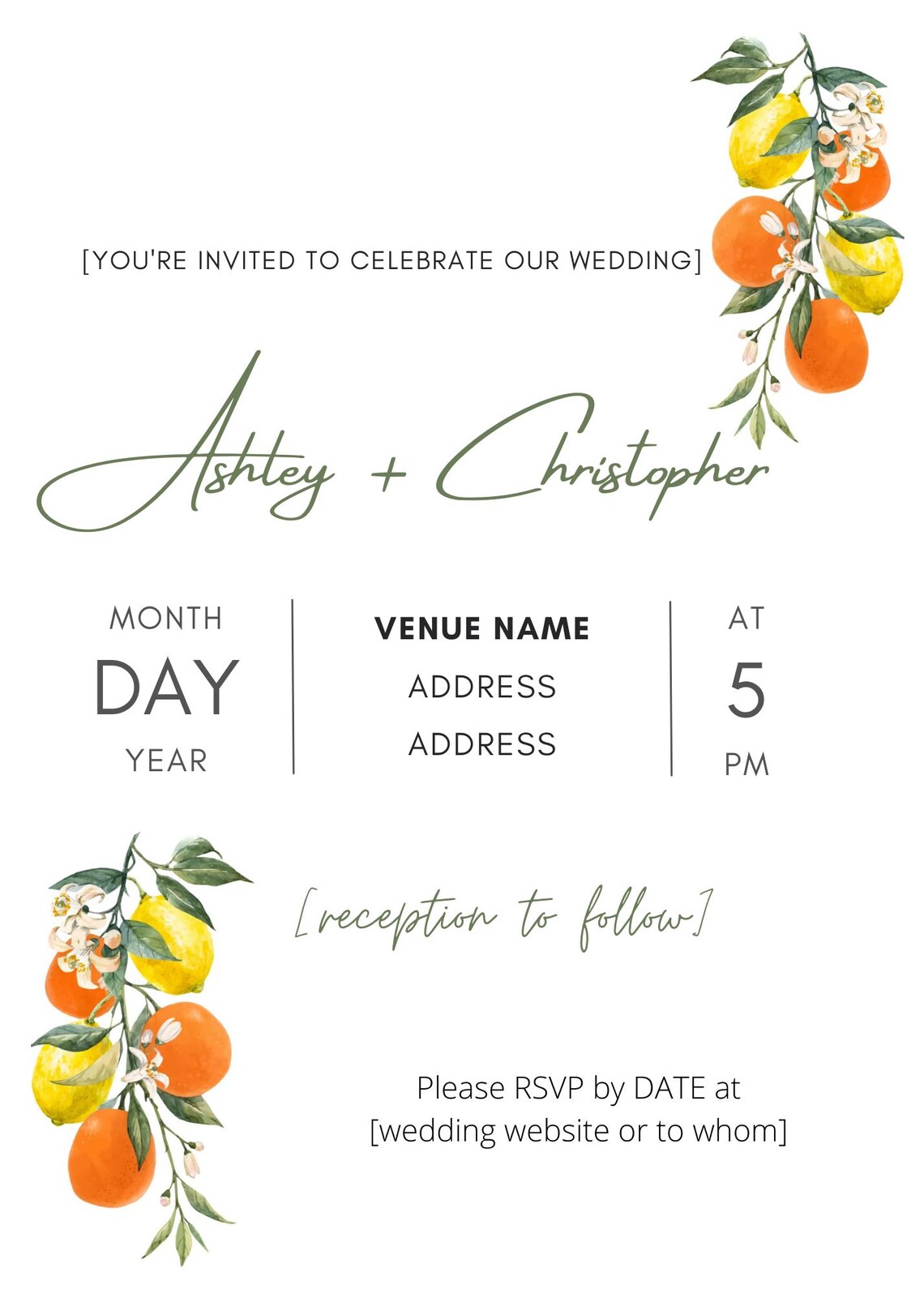 Citrus Theme Wedding Invitation Template - Etsy