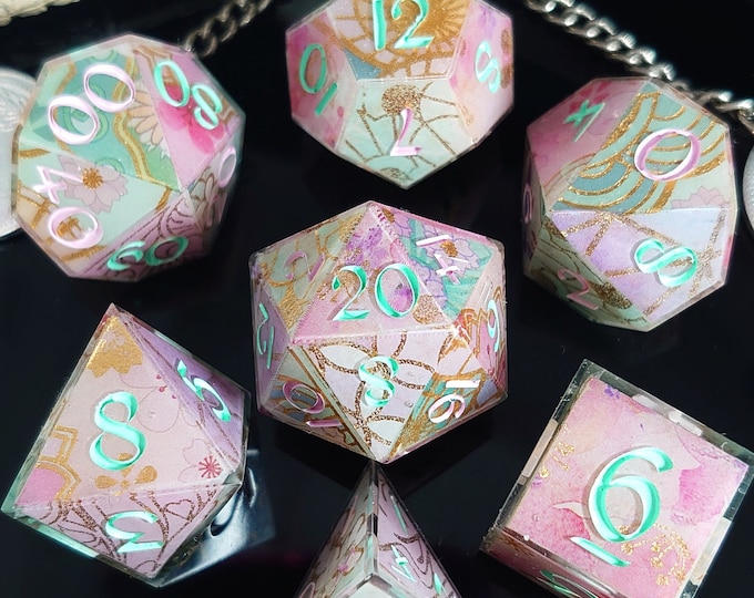 Patchwork Lotus Dnd Dice Set 7 Piece Handmade Sharp Edge Polyhedral ...