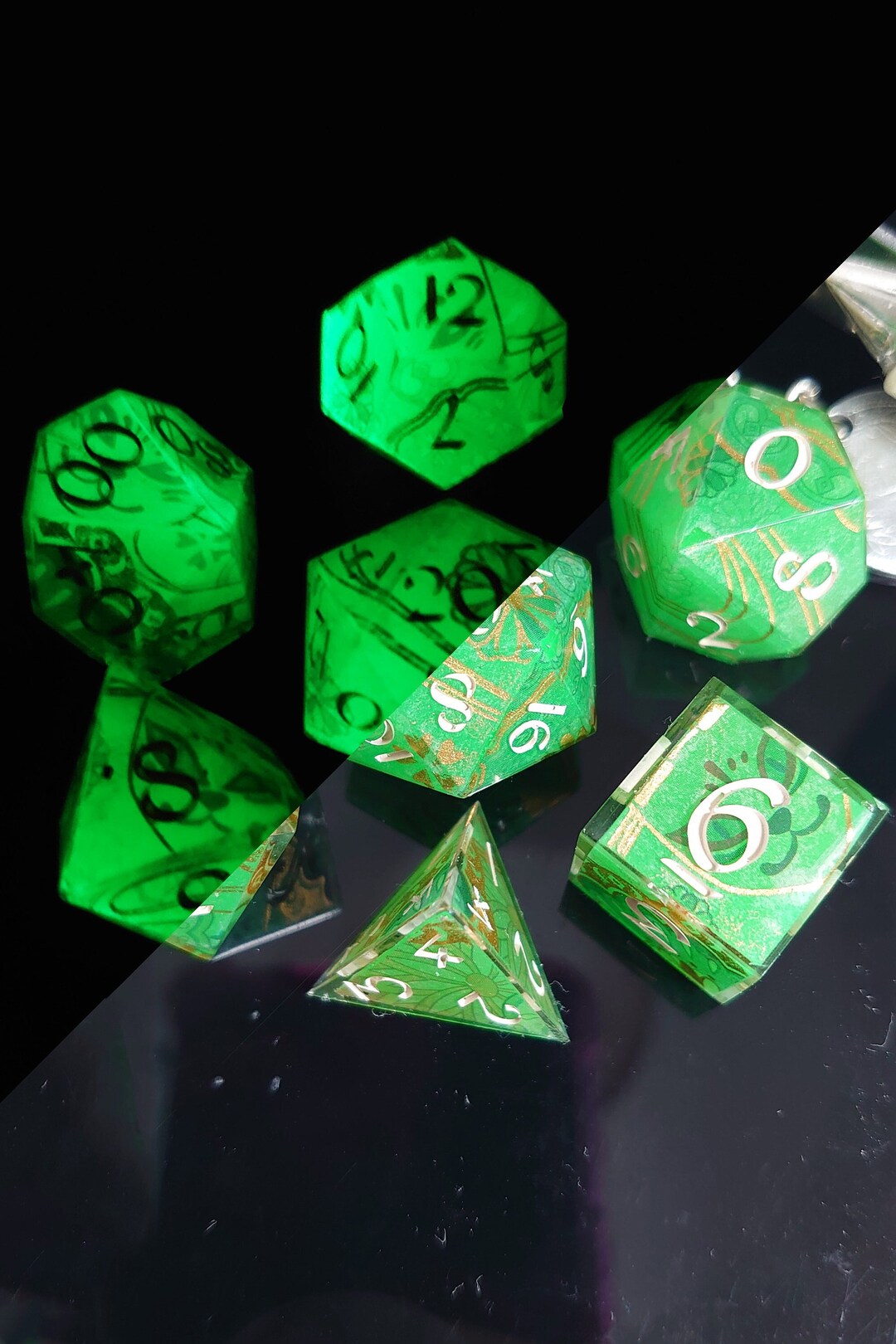 Jade Talisman Glow in the Dark Dnd Dice Set 7 Piece Handmade Sharp Edge ...