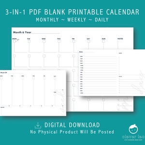 Blank Printable Calendar, 3-in-1 Calendar Template, Monthly, Weekly ...