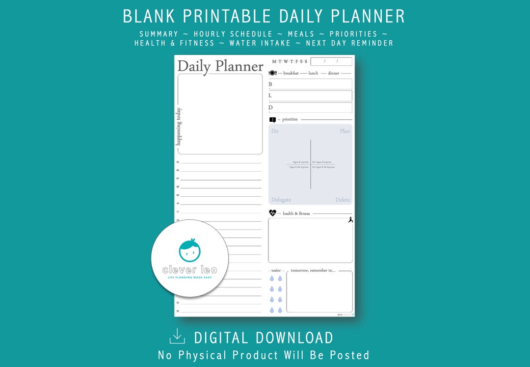 Blank Printable Daily Planner, Organiser, Schedule, Prioritiser ...