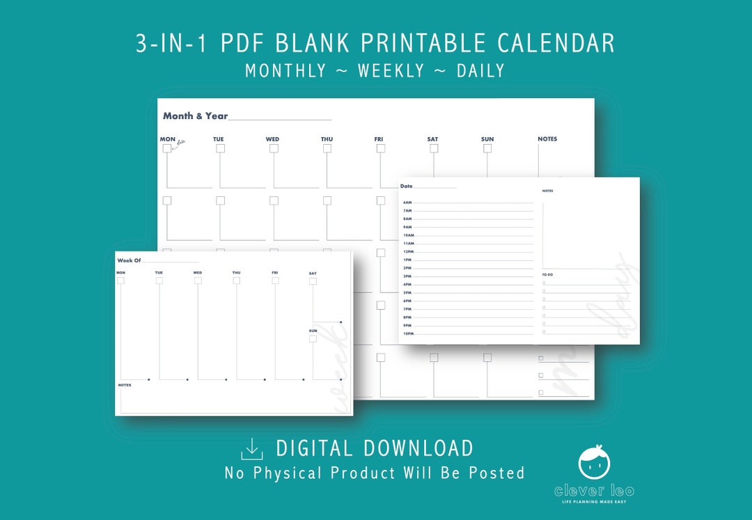 Blank Printable Calendar, 3-in-1 Calendar Template, Monthly, Weekly ...