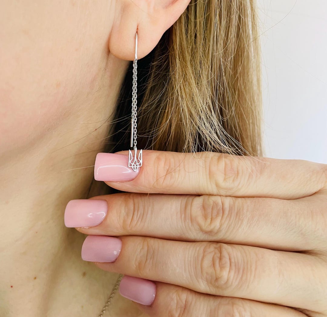 Tryzub Trident Silver 925 Earrings.long Chain Dangling Earrings.support ...