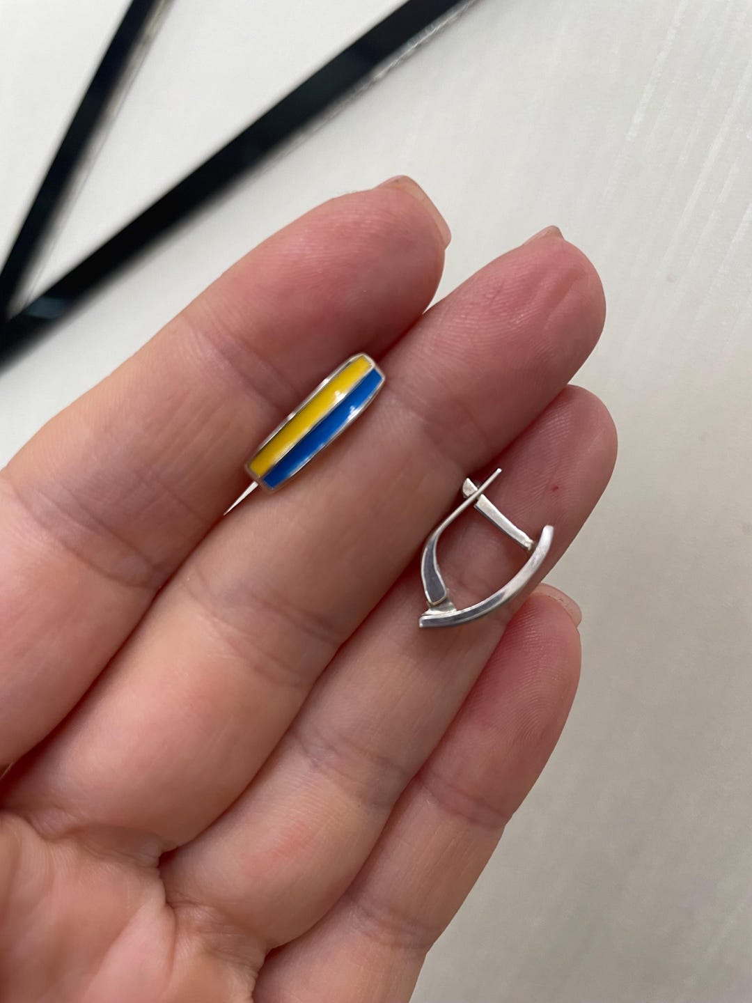 Ukrainian Sterling Silver Trident Earrings With Blue and Yellow Enamel ...