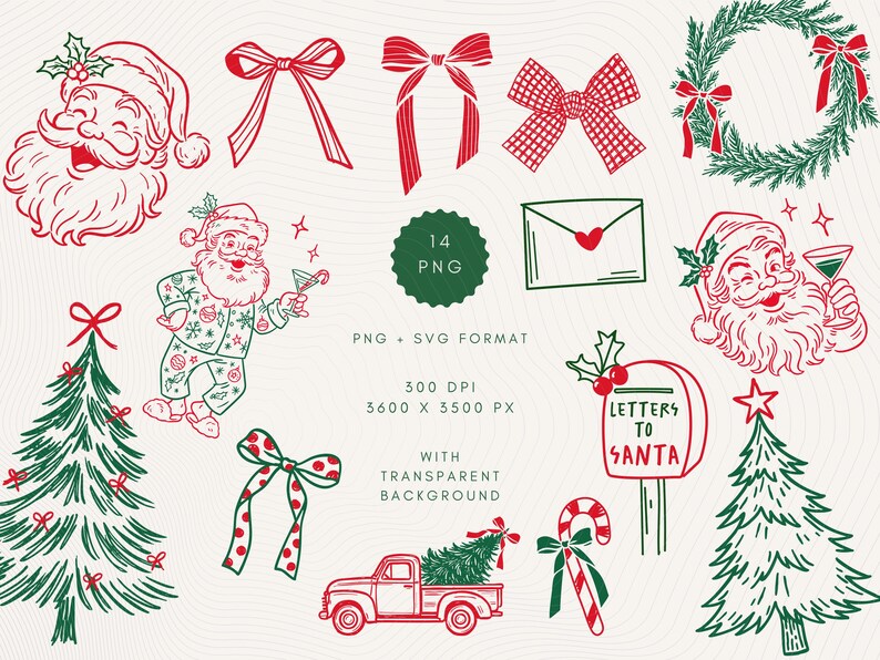 Watercolor Vintage Christmas Clipart, PNG Bundle, Hand Drawn Holiday ...