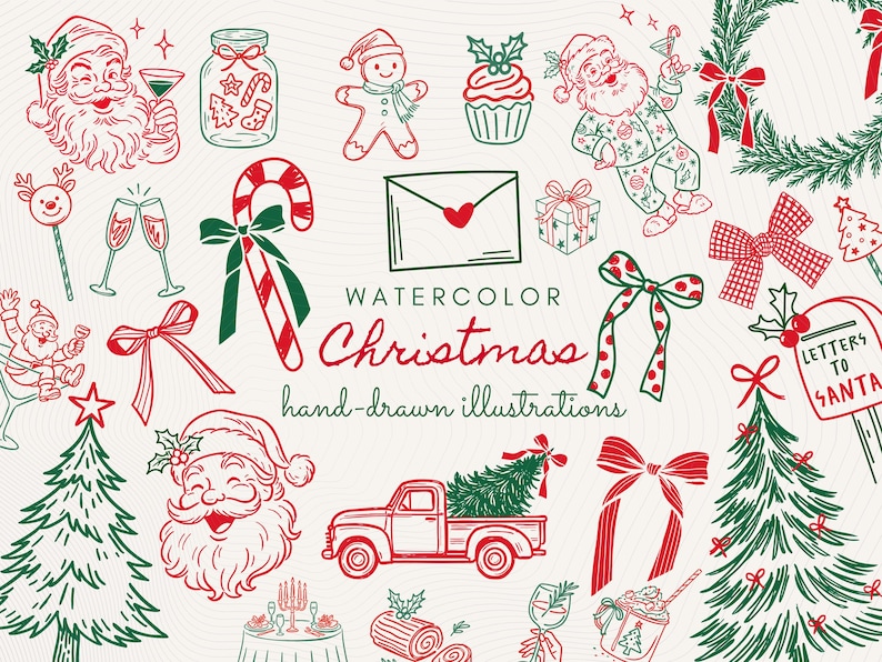 Watercolor Vintage Christmas Clipart, PNG Bundle, Hand Drawn Holiday ...