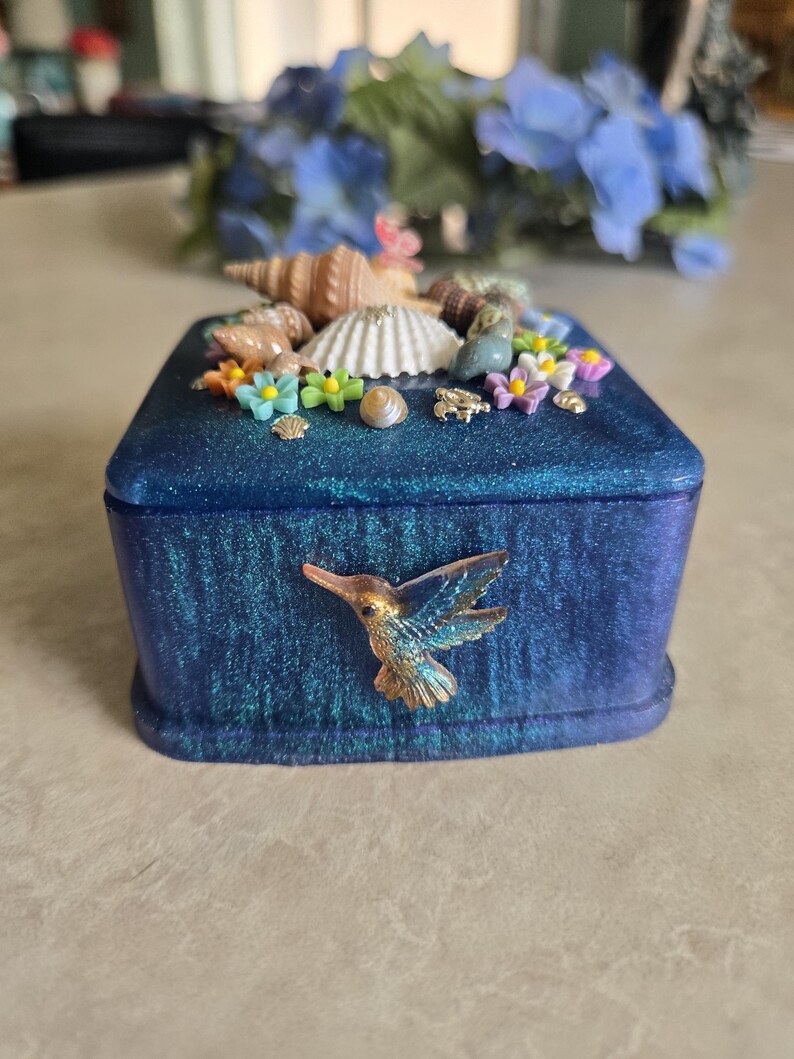Small Resin Jewelry Box Square Ocean Blue Resin Box With Seashells and ...