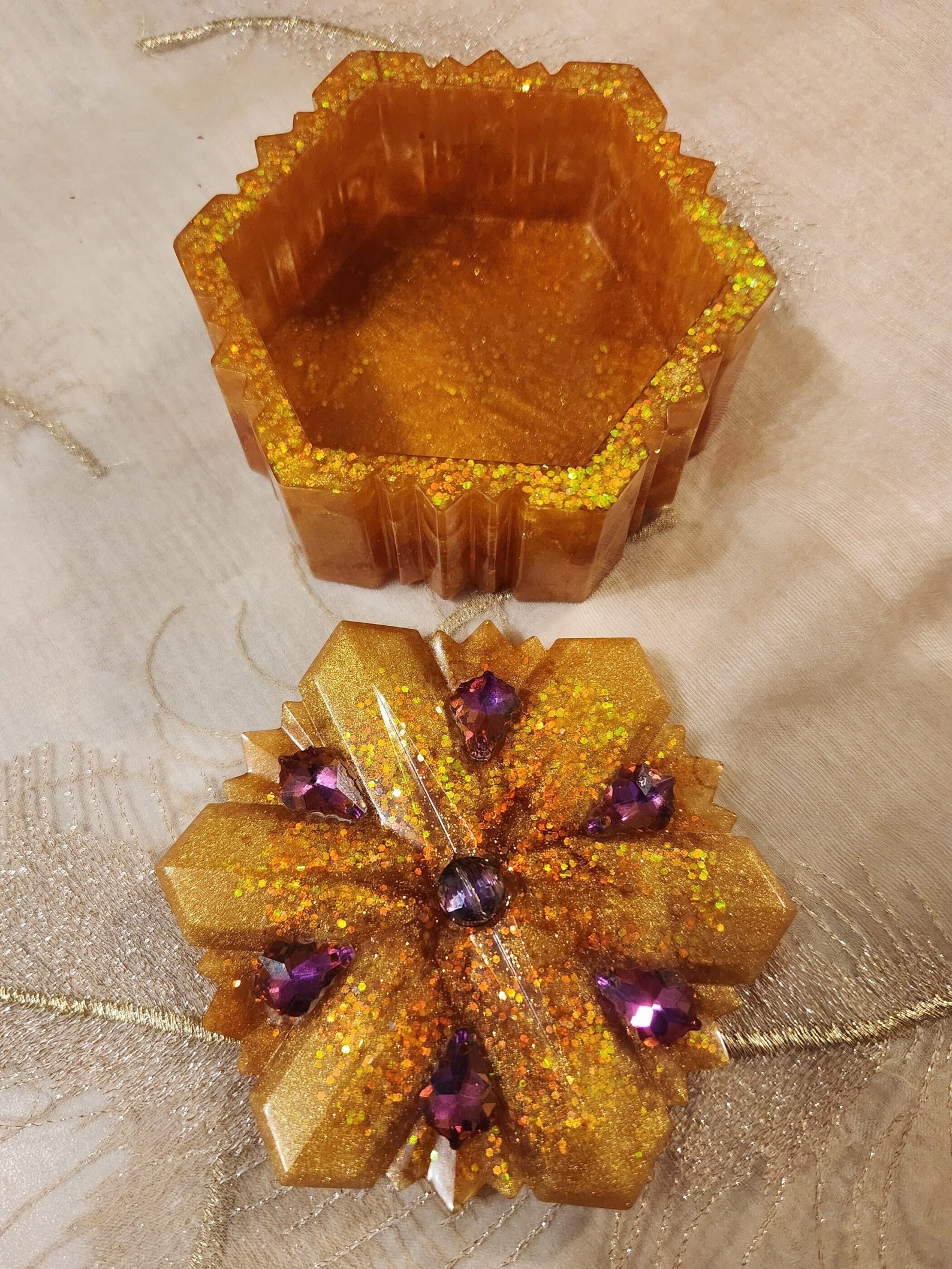 Golden Mango Treasure Box Hexagon Jewelry Box With Purple Crystals ...