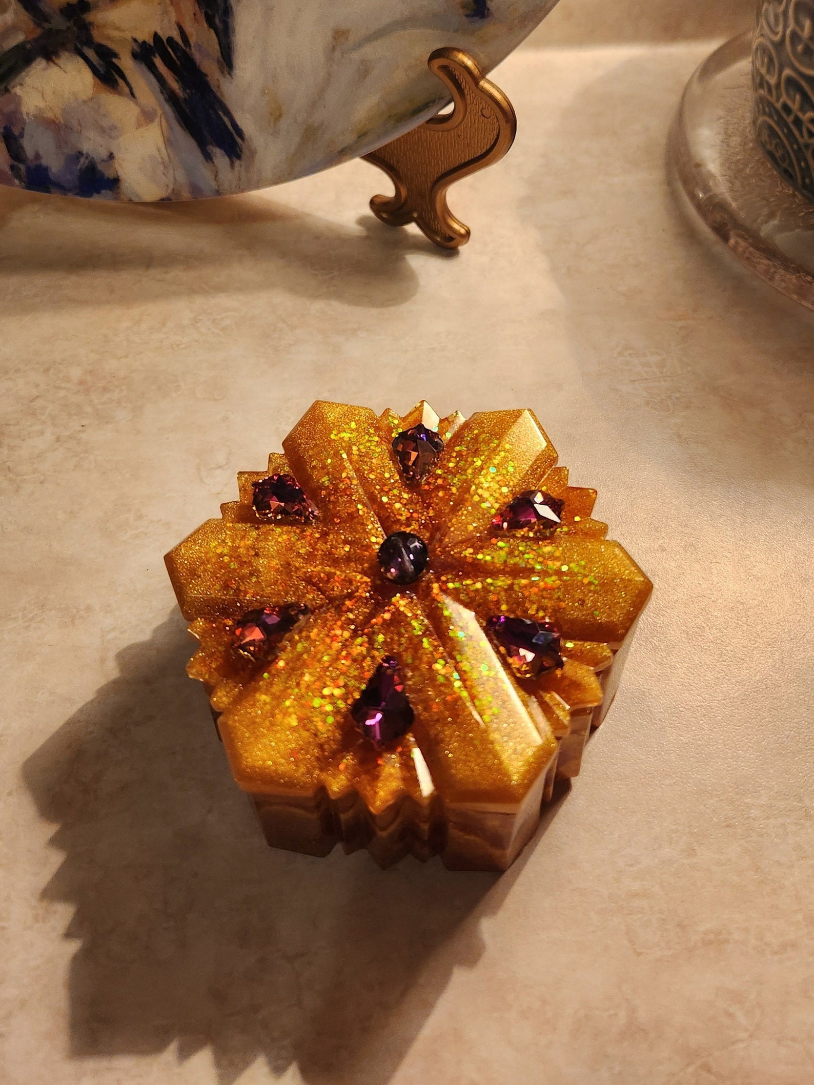 Golden Mango Treasure Box Hexagon Jewelry Box With Purple Crystals ...