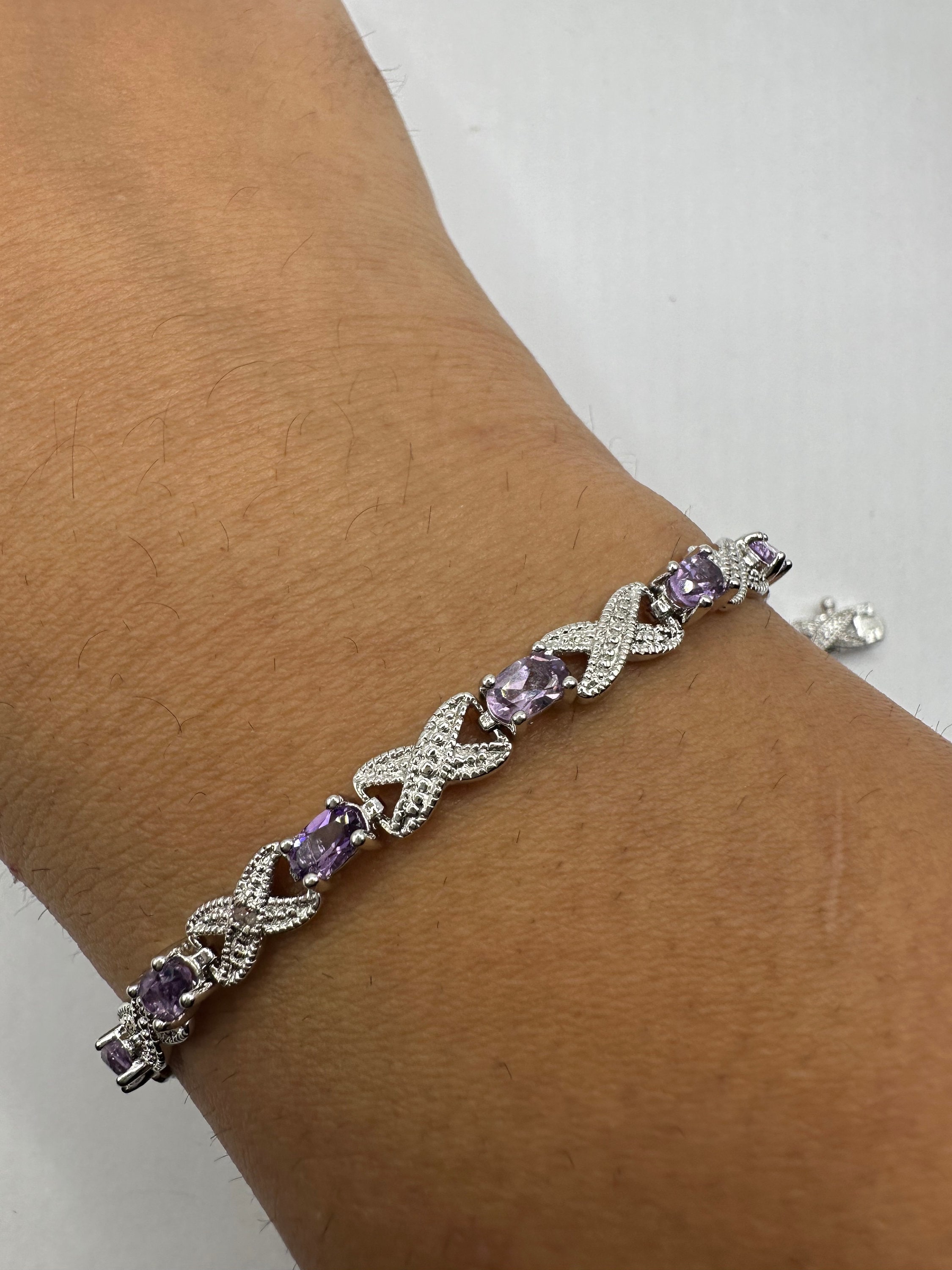 Vintage Silver Tennis Bracelet Diamond Chip Amethyst 925 Sterling ...