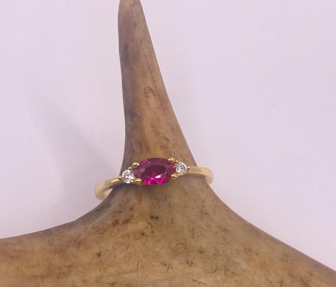 Vintage Pink Ruby Ring Tiny Crystal Stacking Ring - Gold 925 Sterling ...