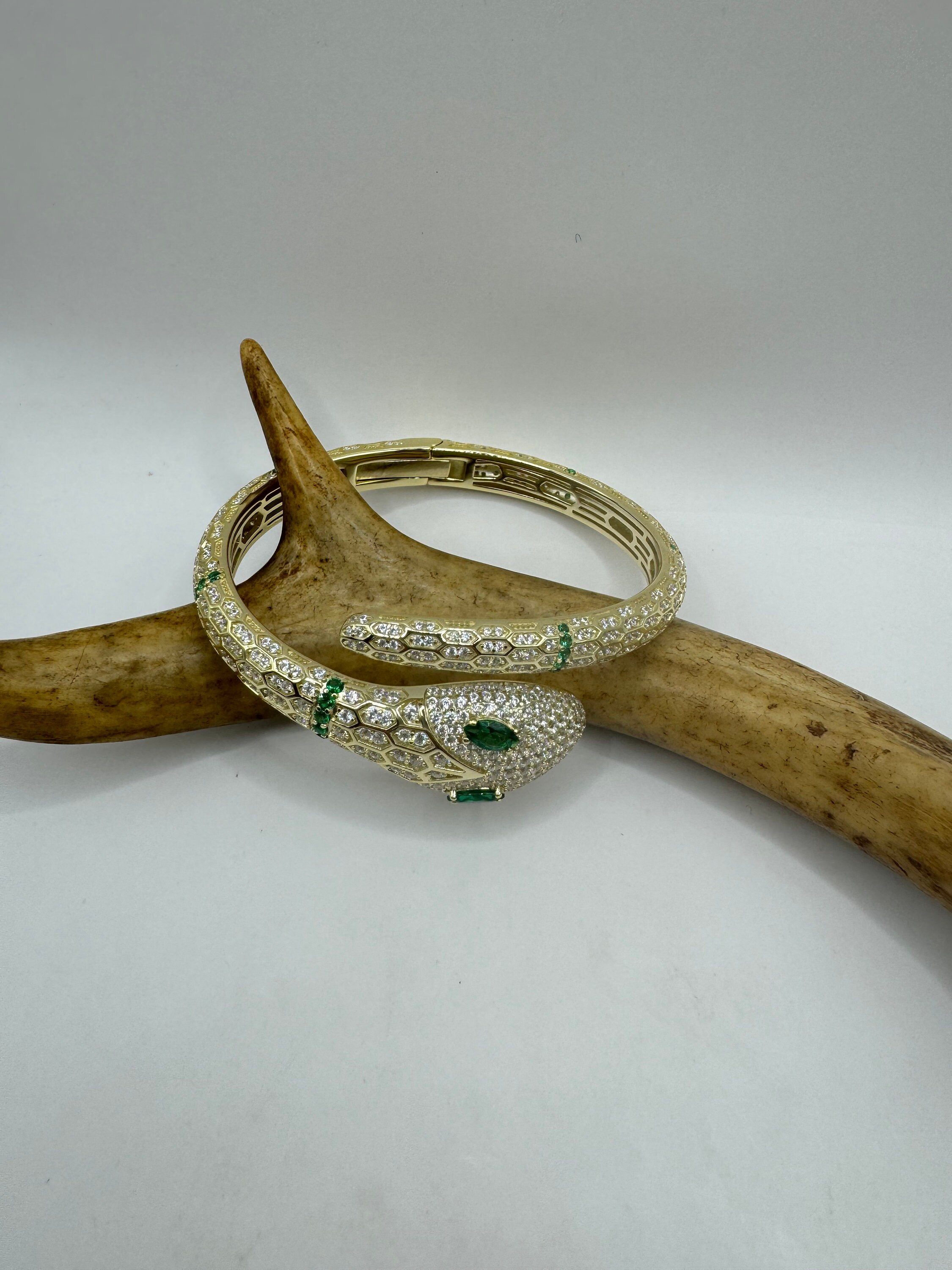 Vintage Golden Sterling Silver Snake Bracelet: Emerald Green Cubic ...
