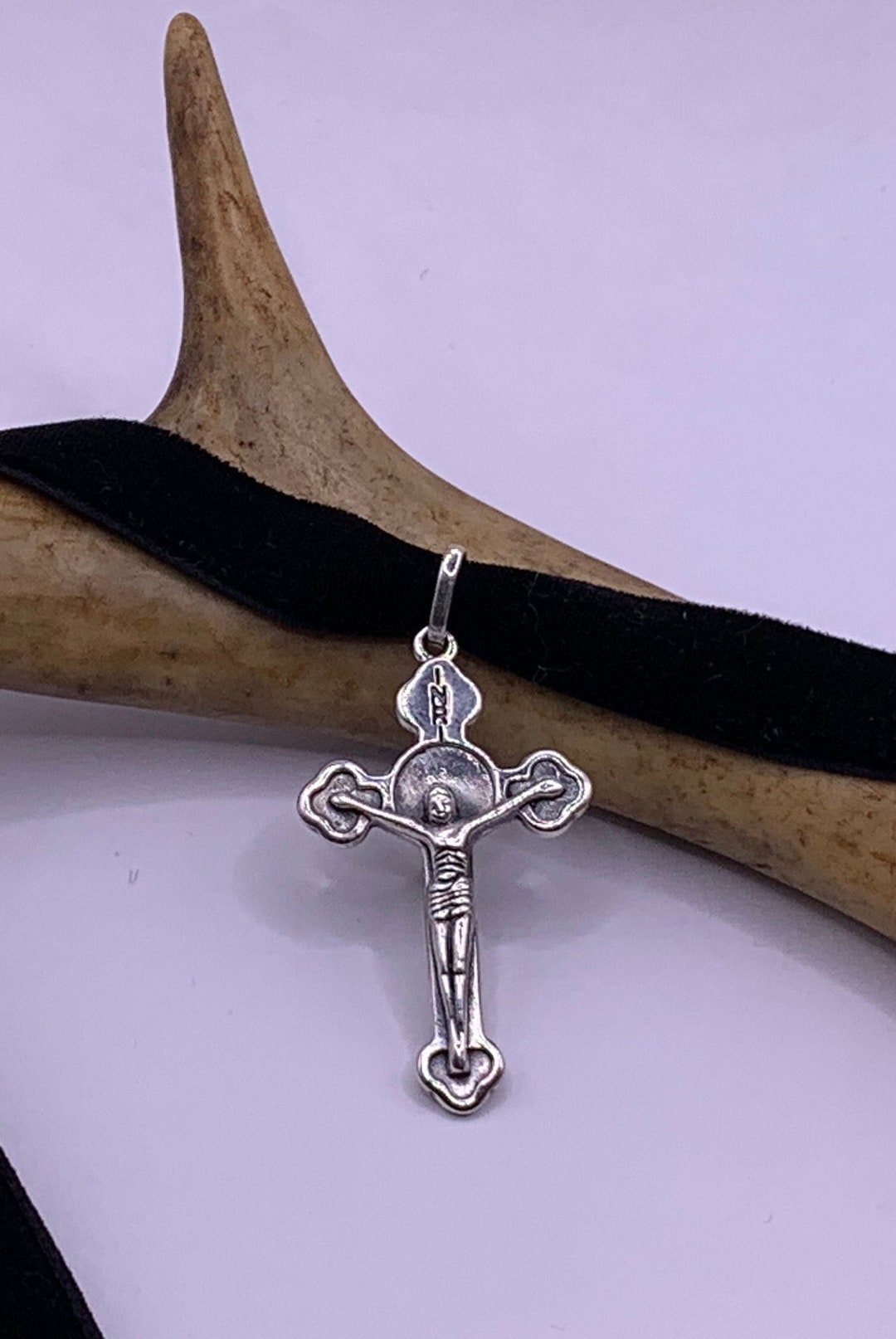 Vintage Cross Crucifix Black Velvet Choker Pendant Necklace 925 ...