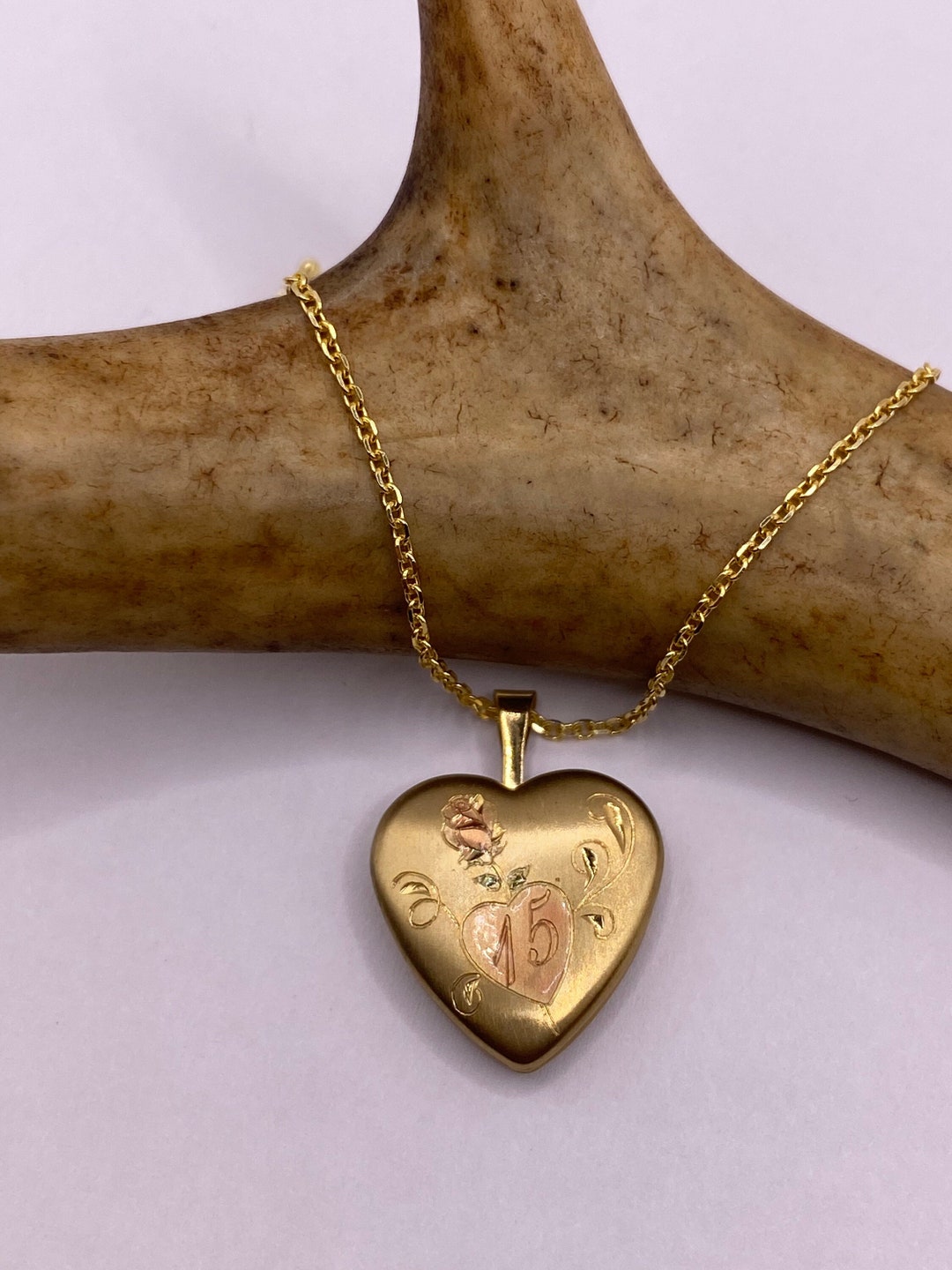 Vintage 9k Gold Filled Tiny Heart Photo Locket on Chain Necklace Quinceañera Engraved With 15 ...