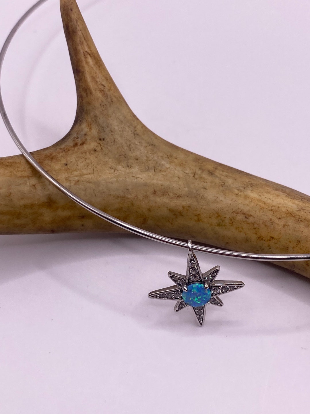 Vintage Sterling Silver Hoop Choker: Blue Opal Star Pendant - Etsy