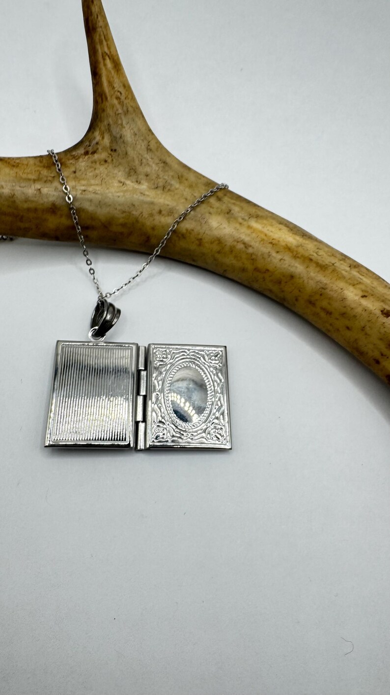 Vintage Book Locket Necklace: Etched Stainless Steel Pendant, Sterling ...