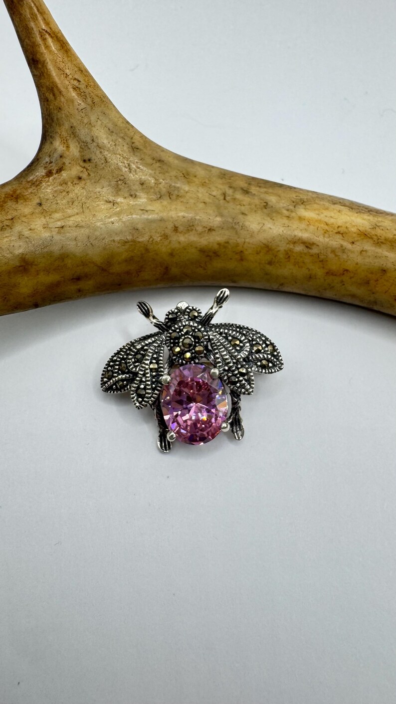 Vintage Brooch Pin – 925 Sterling Silver Bee Marcasite Pink Ice Cubic ...