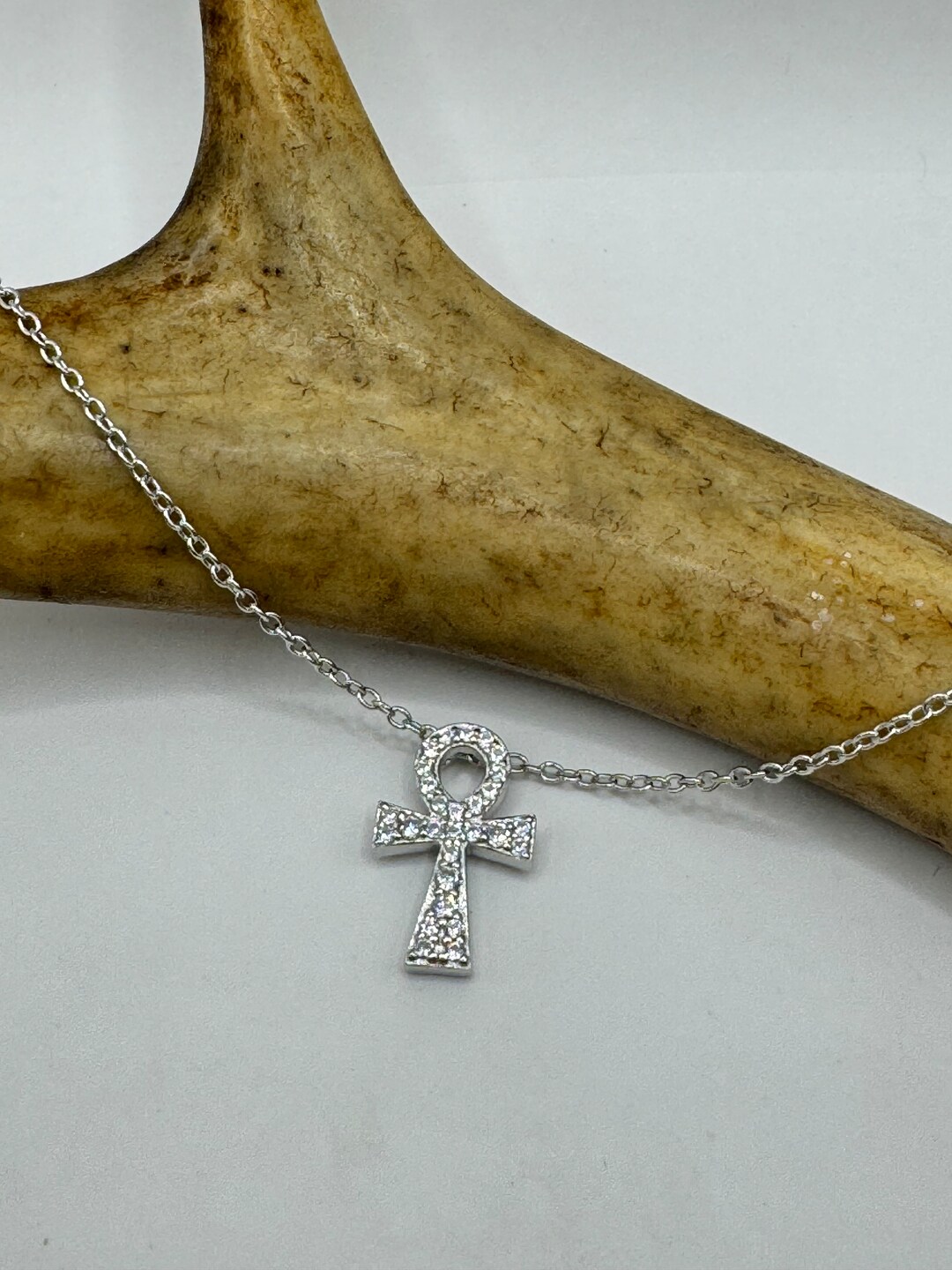 Vintage Ankh 925 Sterling Silver Minimal Tiny Necklace Crystal Diamond ...