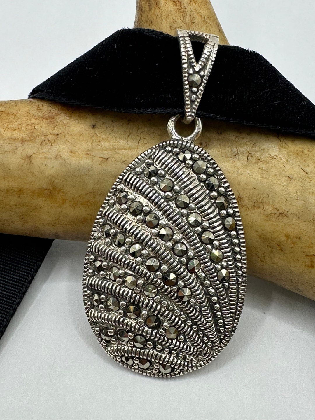 Vintage Silver Gemstone Pendant | Marcasite 925 Sterling Silver Choker ...