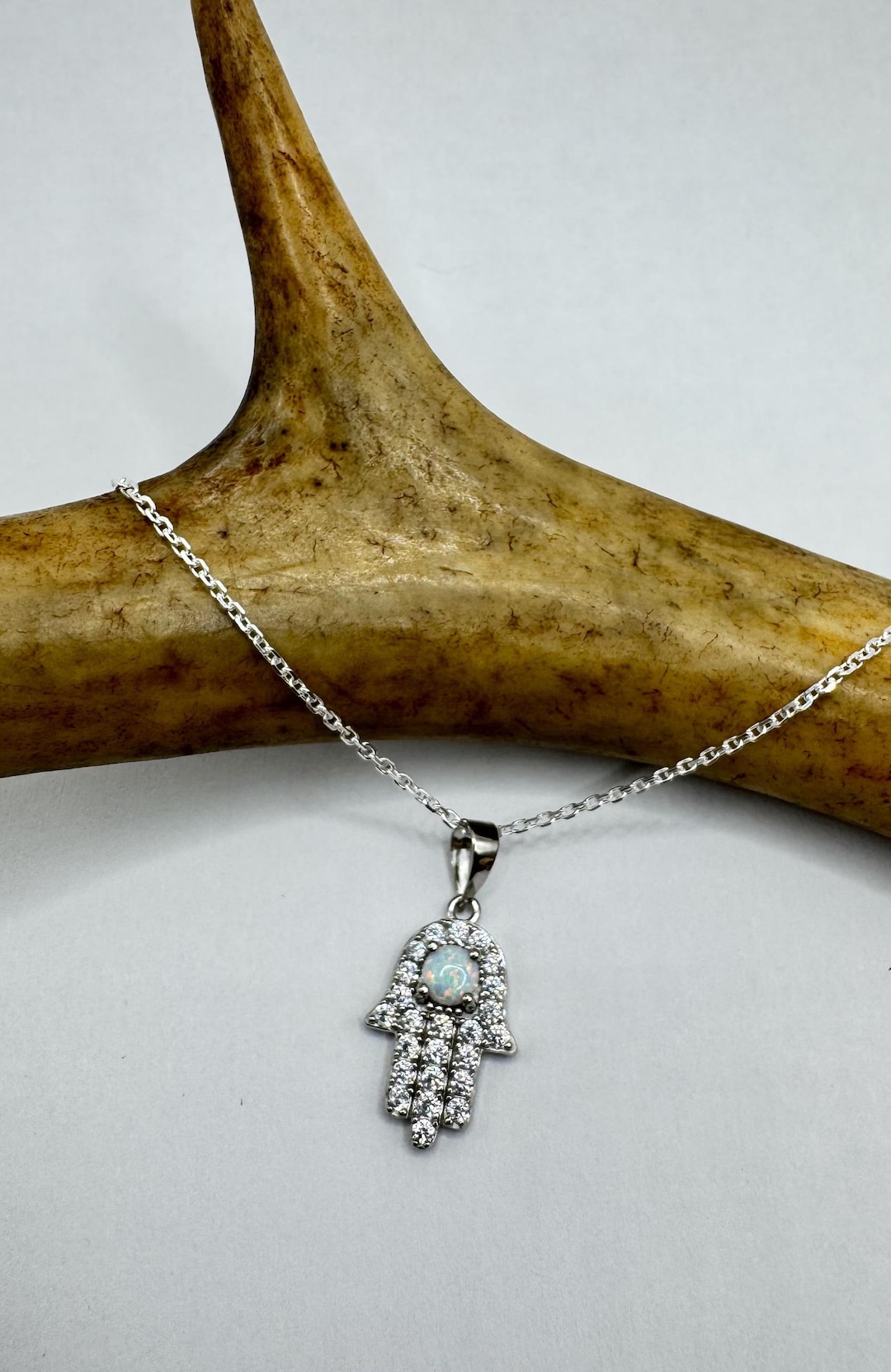 Vintage Sterling Silver Hand of Fatima Necklace: White Fire Opal Amulet ...