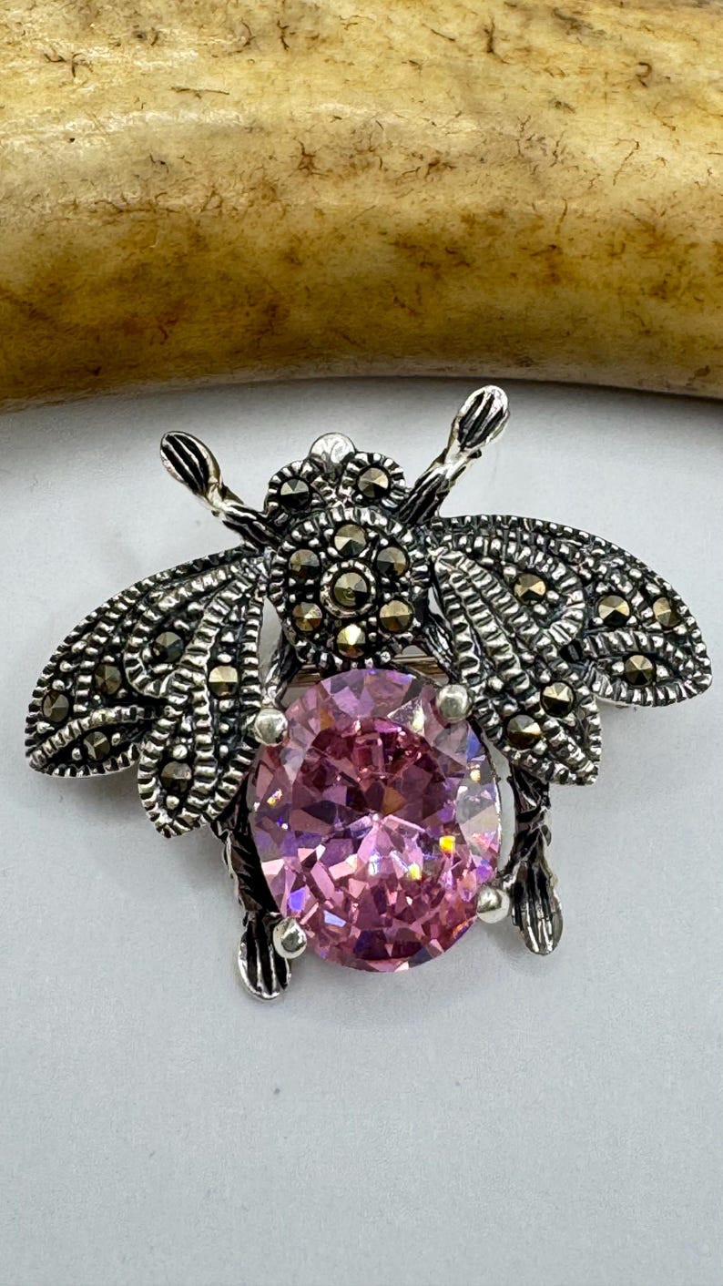Vintage Brooch Pin – 925 Sterling Silver Bee Marcasite Pink Ice Cubic ...