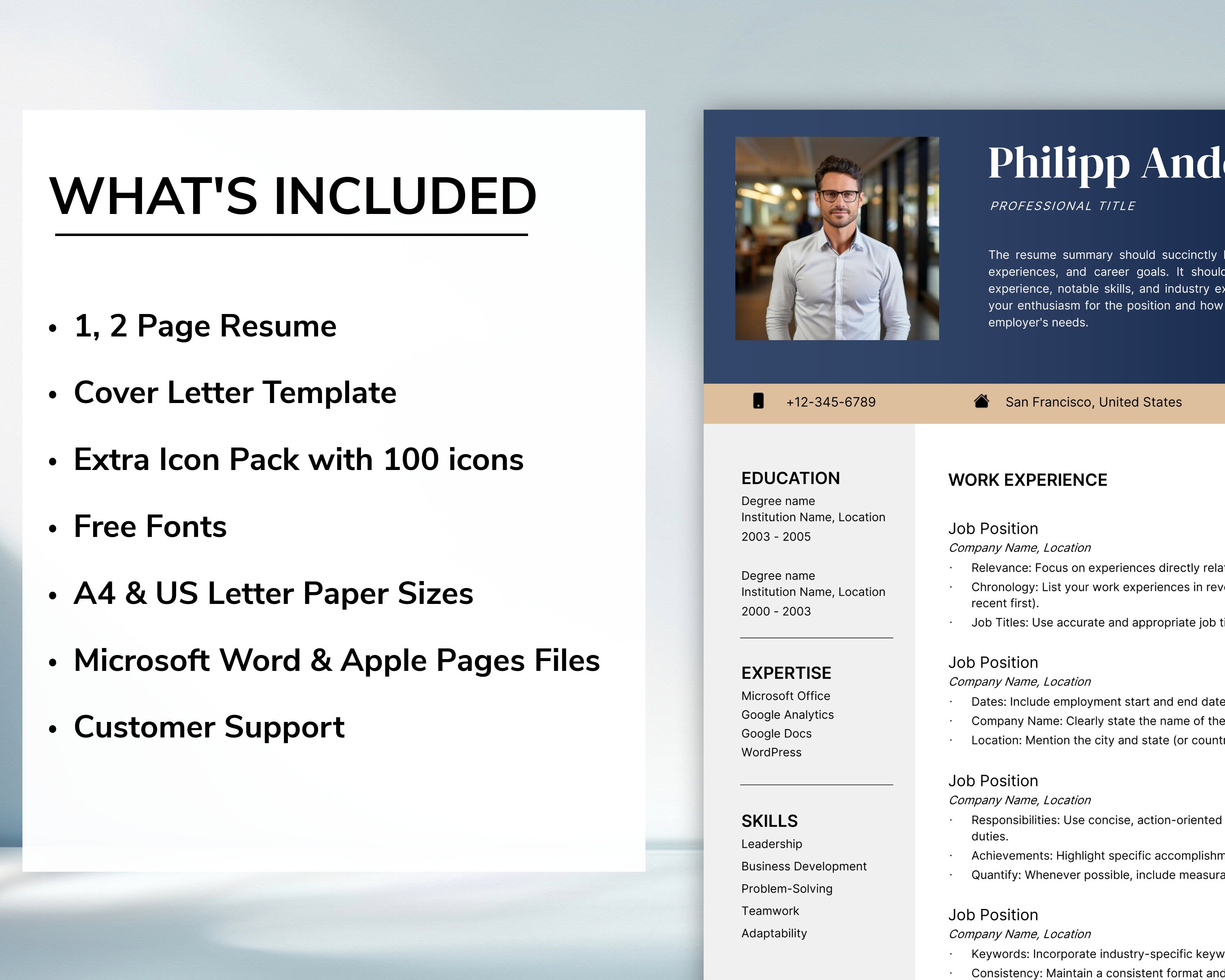 Modern Resume CV Template for Word & Apple Pages Including Cover Letter ...