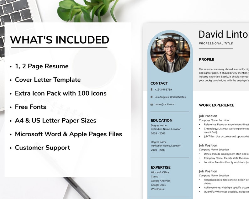 Modern Resume CV Template With Photo for Word & Mac Pages Including ...