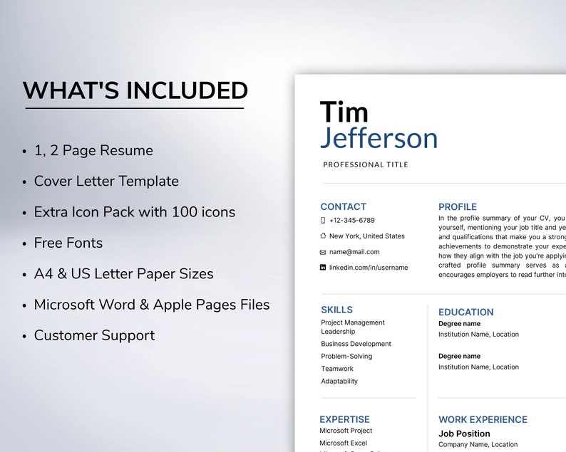 Executive Resume CV Template for Word & Mac Pages Including Cover ...