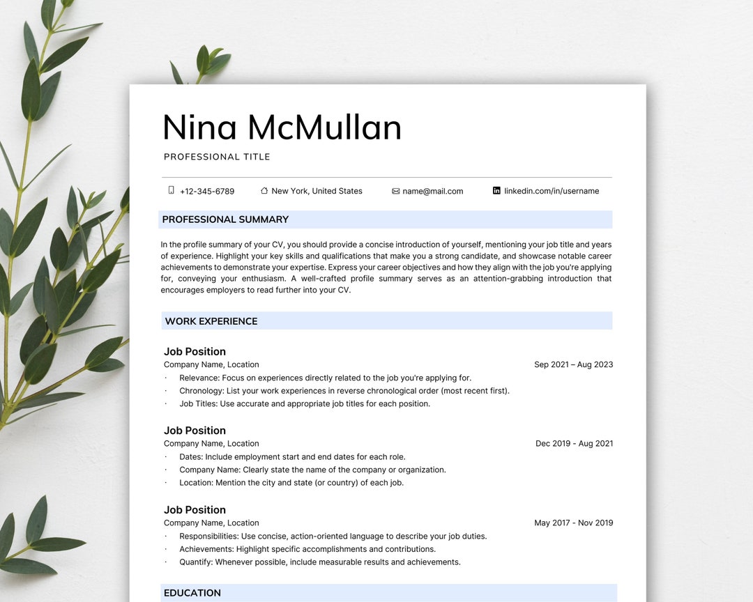 Minimalist Resume ATS CV Template for Word & Mac Pages Including Cover ...