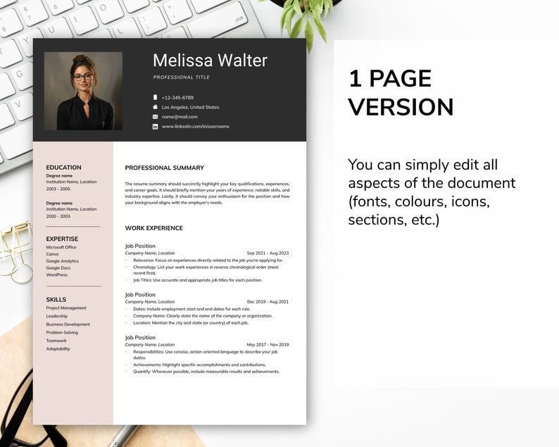 CV Template | Professional Resume With Photo for Word & Mac Pages ...