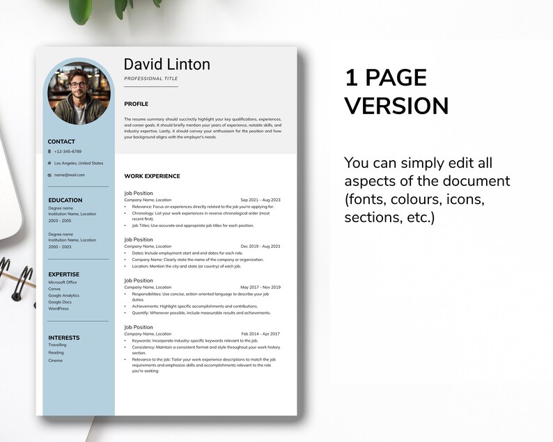 Modern Resume CV Template With Photo for Word & Mac Pages Including ...