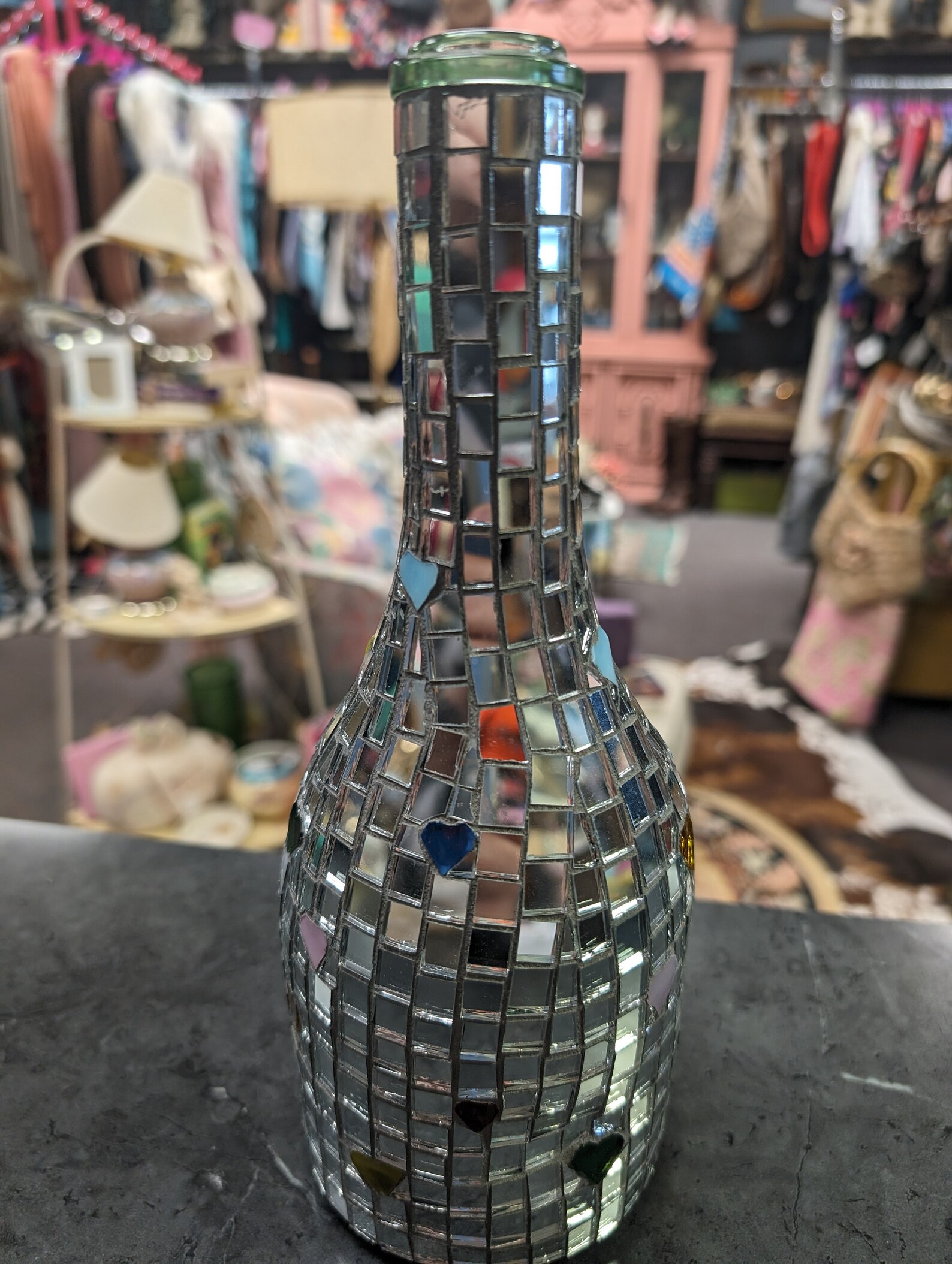 Vintage Upcycled Green Glass Bottle Disco Ball Mirrored Love and Hearts ...