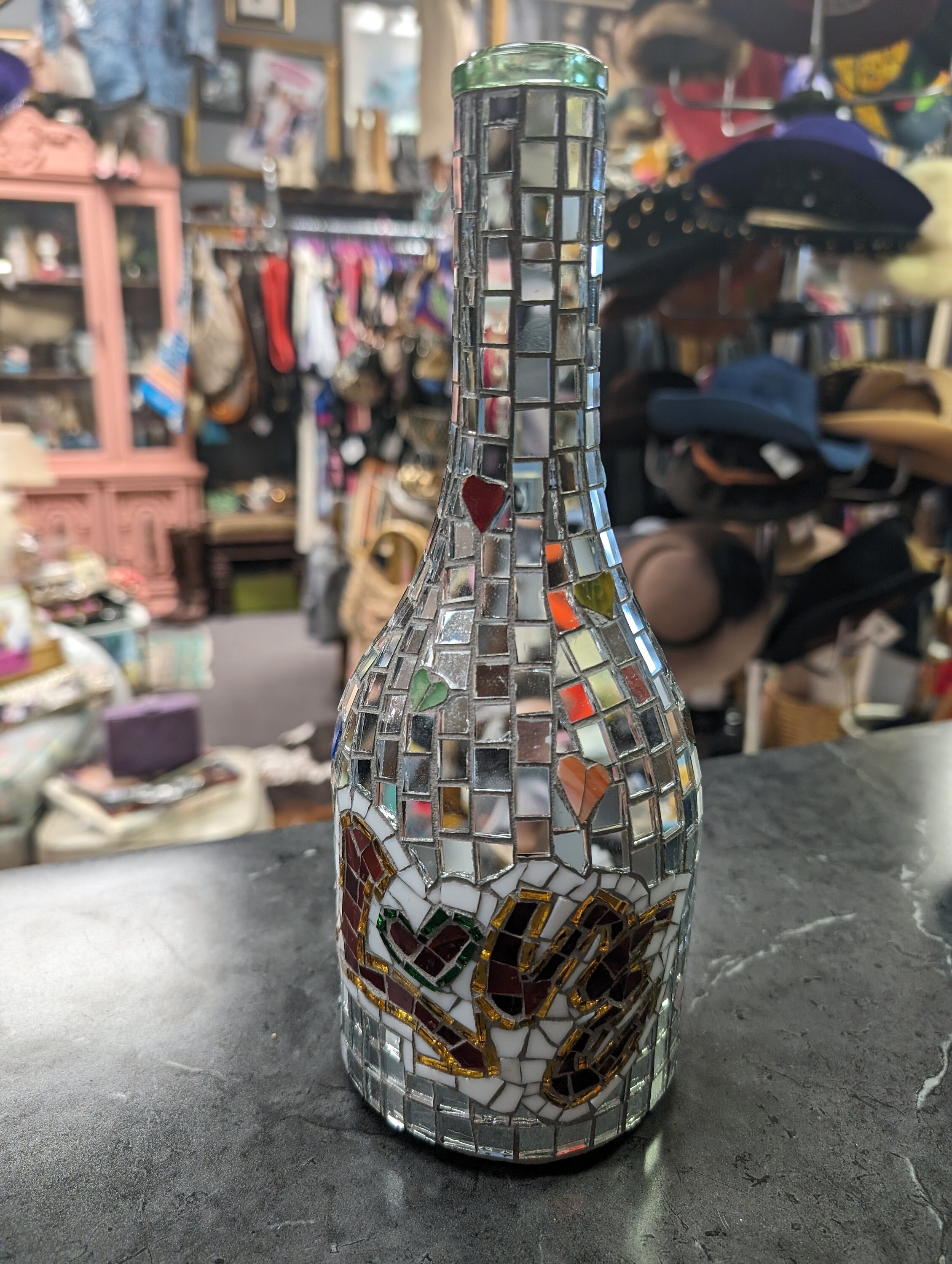 Vintage Upcycled Green Glass Bottle Disco Ball Mirrored Love and Hearts ...