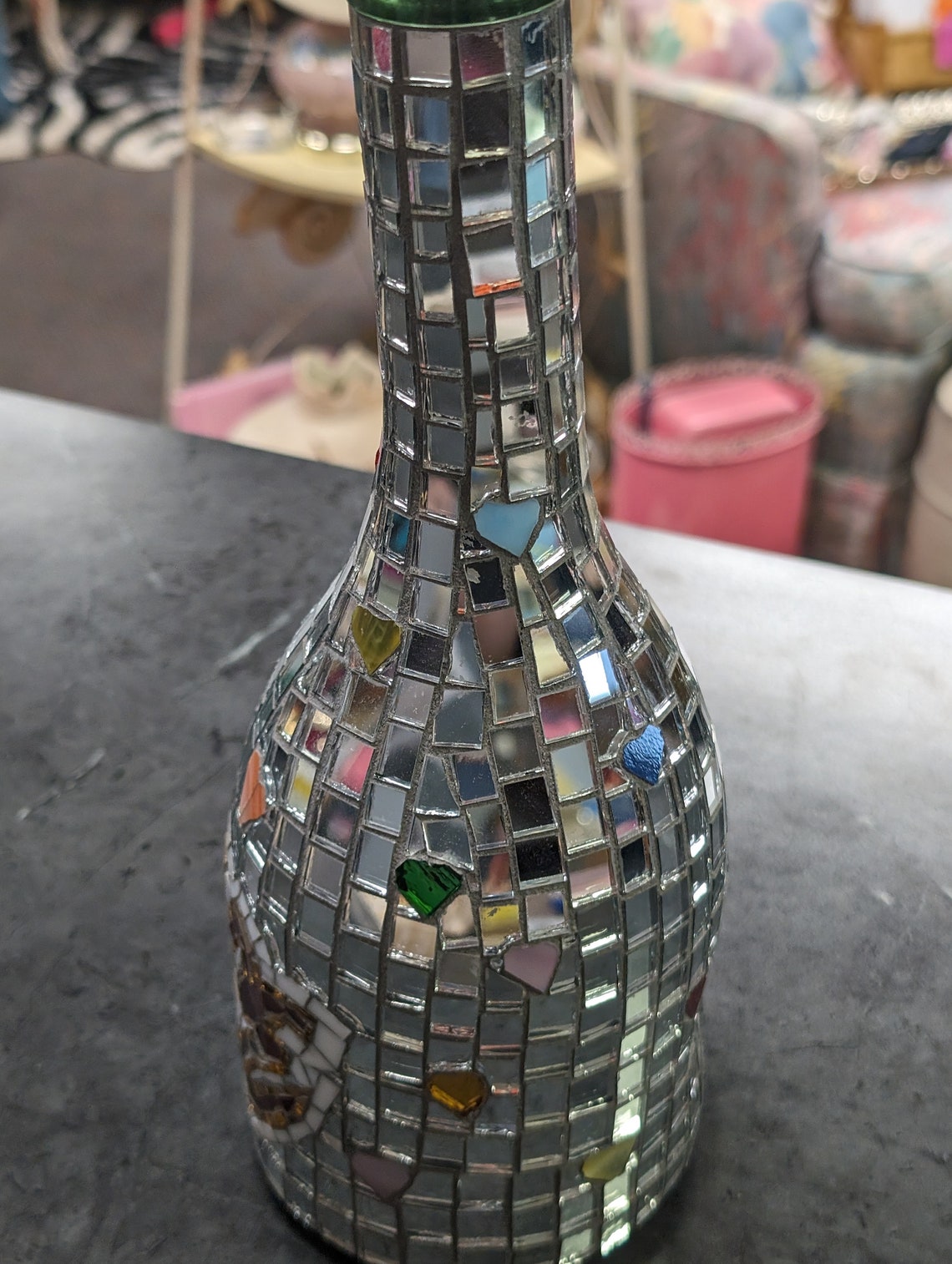 Vintage Upcycled Green Glass Bottle Disco Ball Mirrored Love and Hearts ...