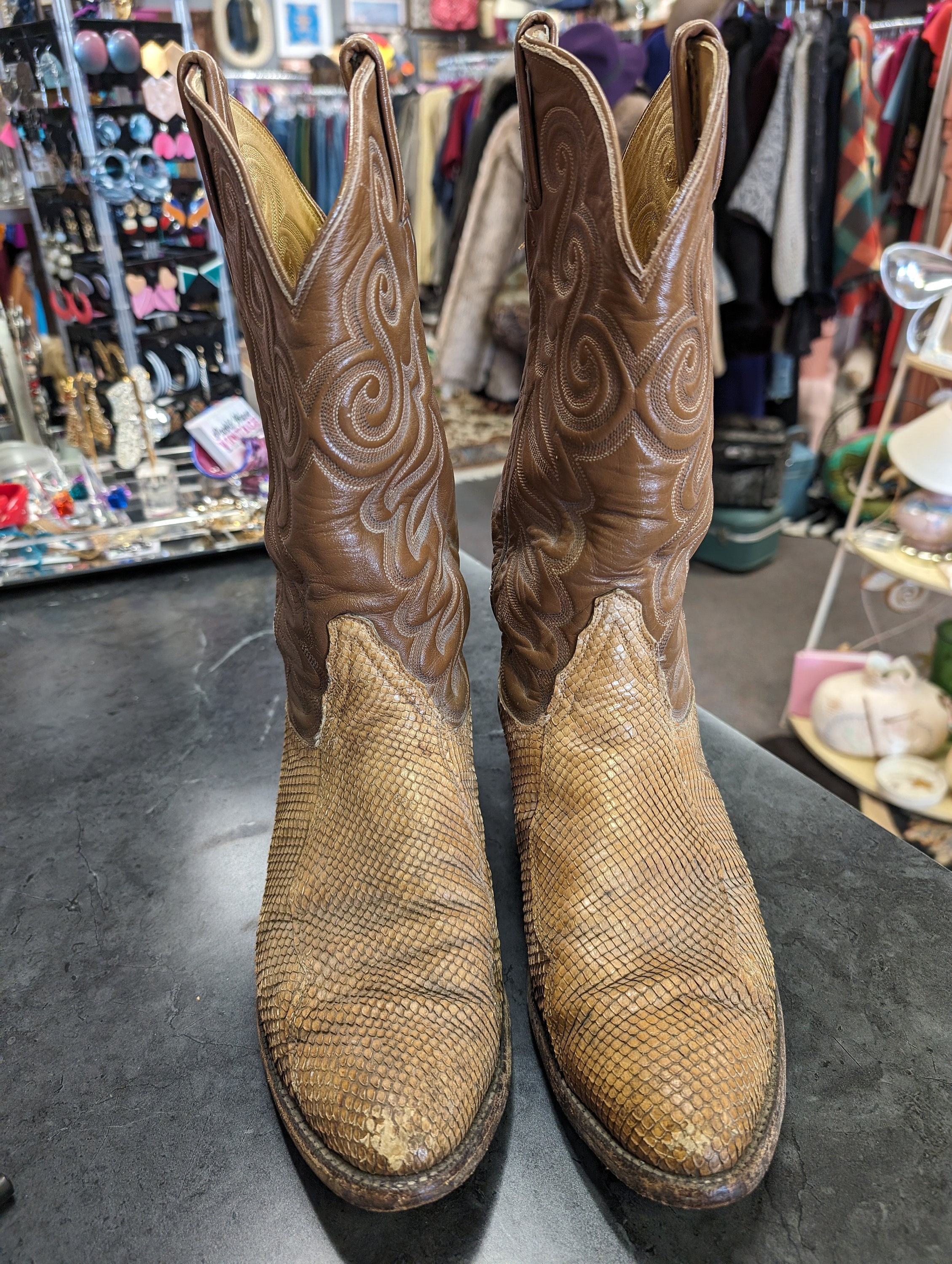 Worn in Tony Lama Cowboy Boots Mens 8D Vintage Western Snakeskin ...