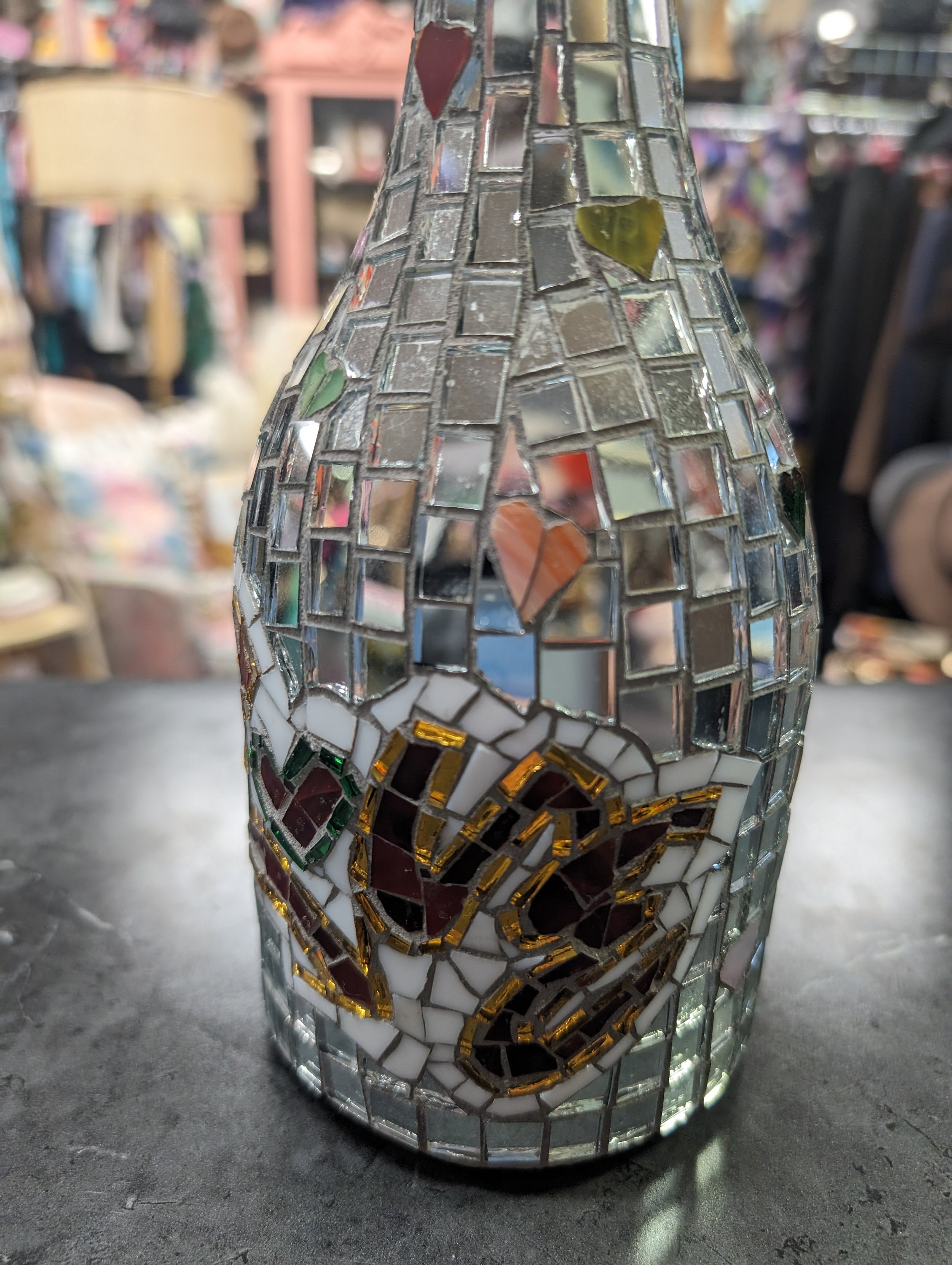 Vintage Upcycled Green Glass Bottle Disco Ball Mirrored Love and Hearts ...