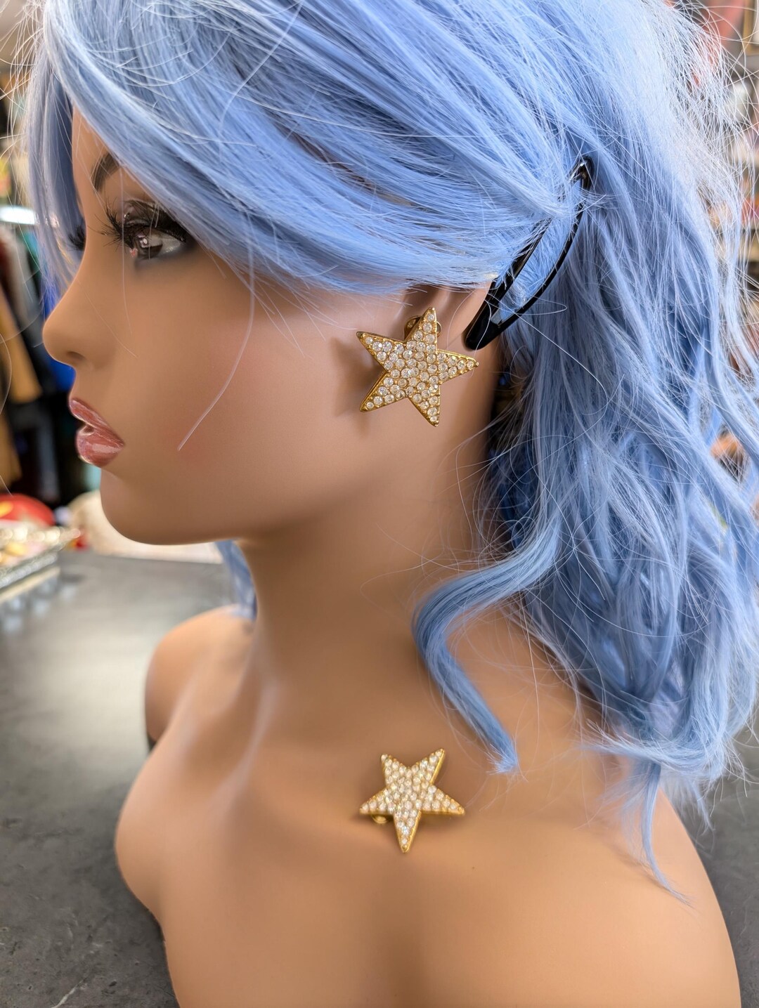 Vintage Star Gold Tone Crystal Clip on Earrings Ladies Jem Retro 80s ...