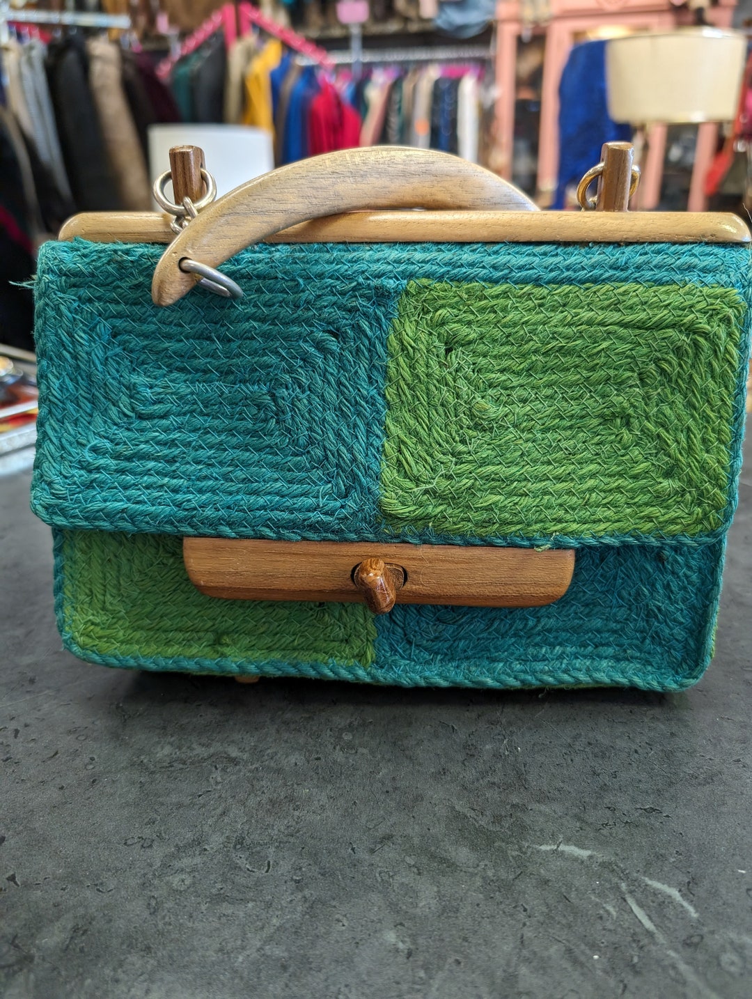 Vintage Hemp Woven Colorblock Green Blue Mod 60's Wooden Handle ...