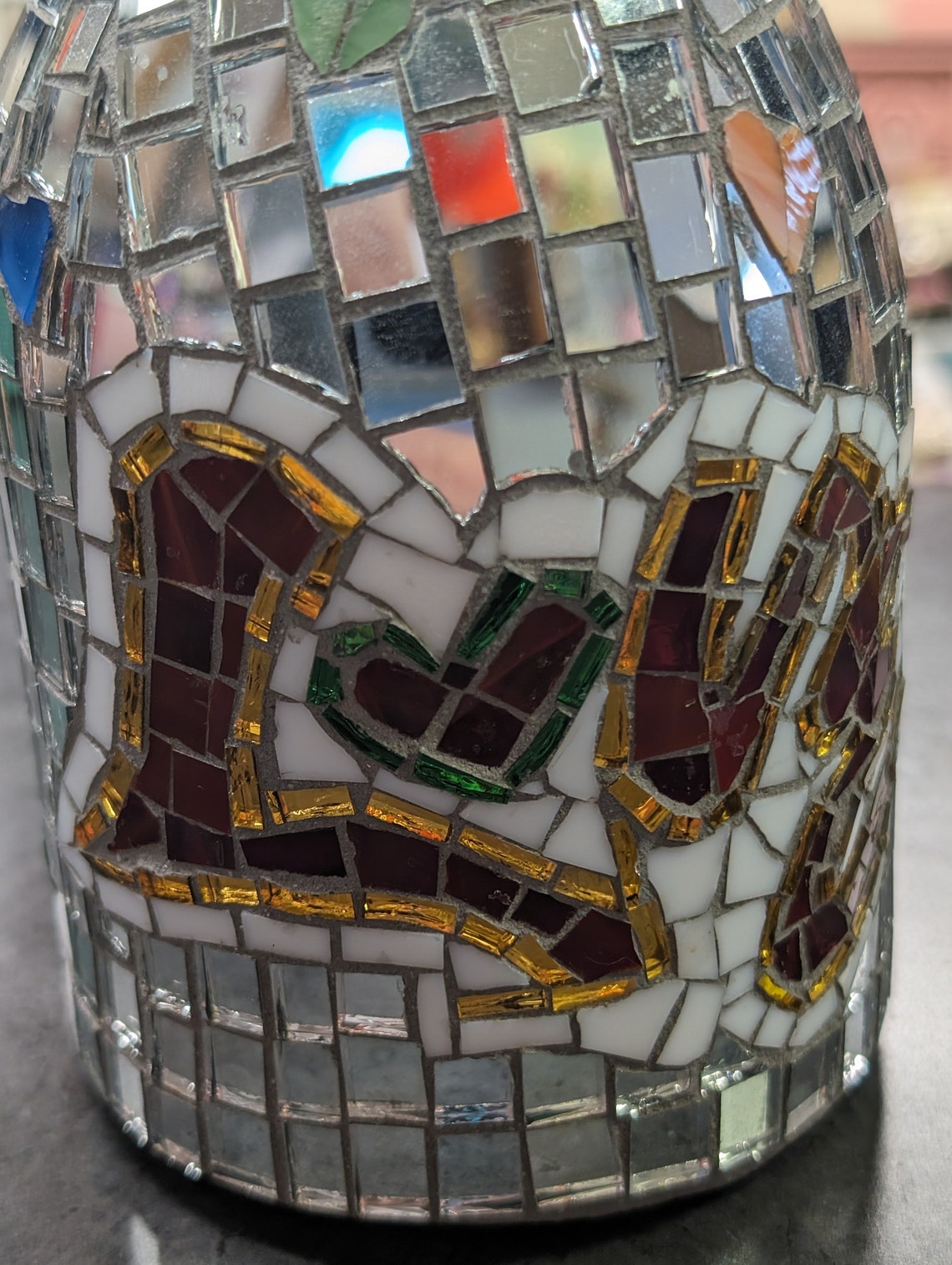 Vintage Upcycled Green Glass Bottle Disco Ball Mirrored Love and Hearts ...