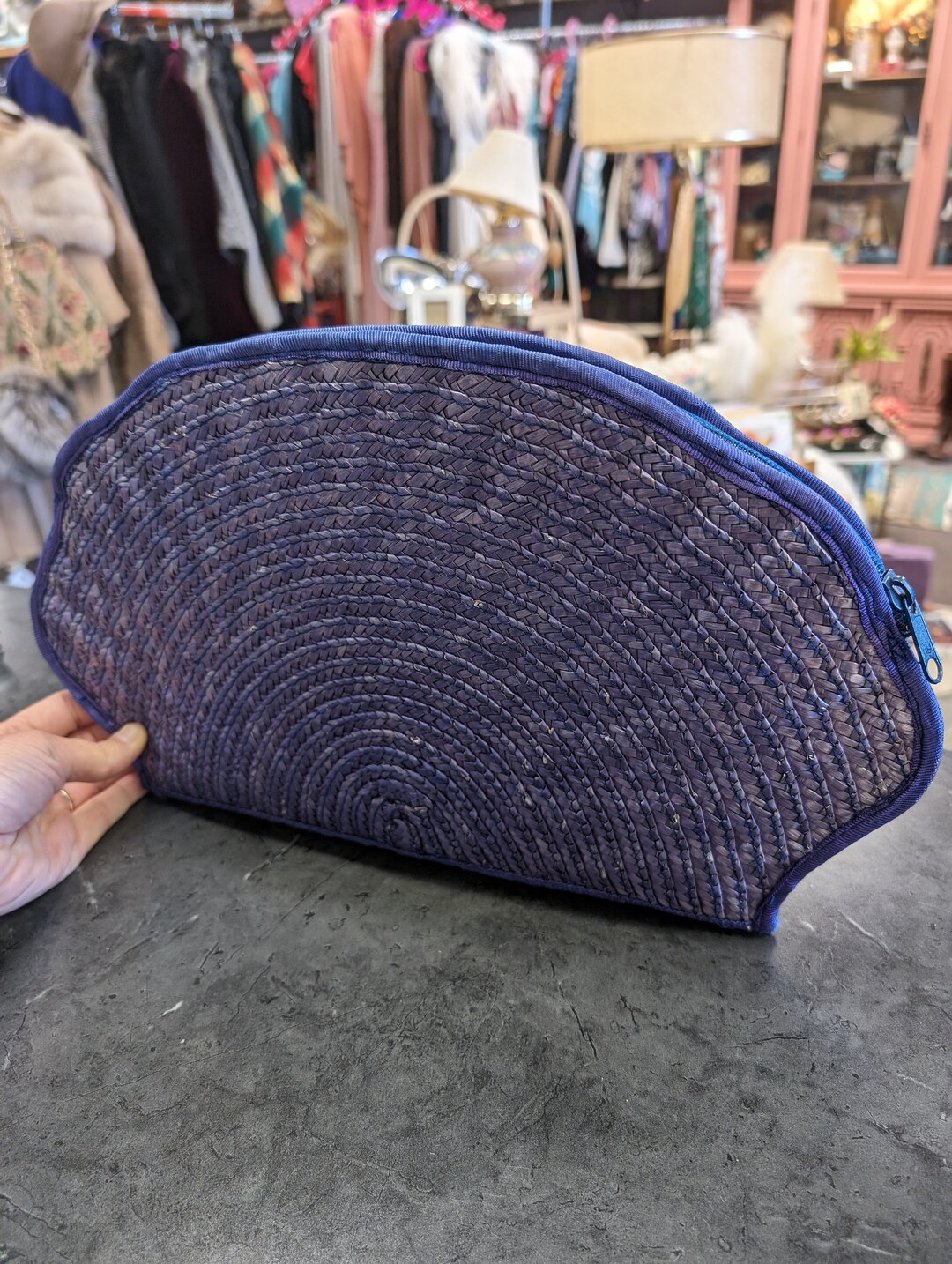 Purple Wicker Lined Sea Shell Clam Large Fan Clutch Handbag Zipper ...