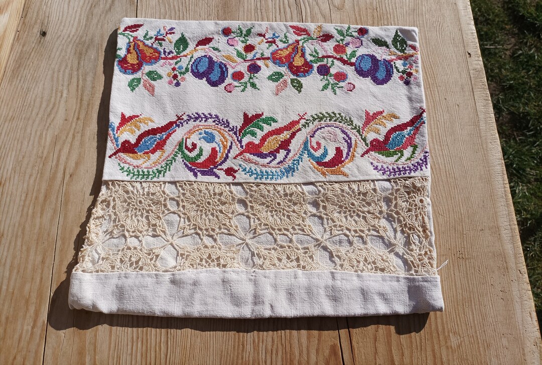 Vintage Cross Stitch Pillow Case Canvas, Geometric Bird Plum Pear Scene ...