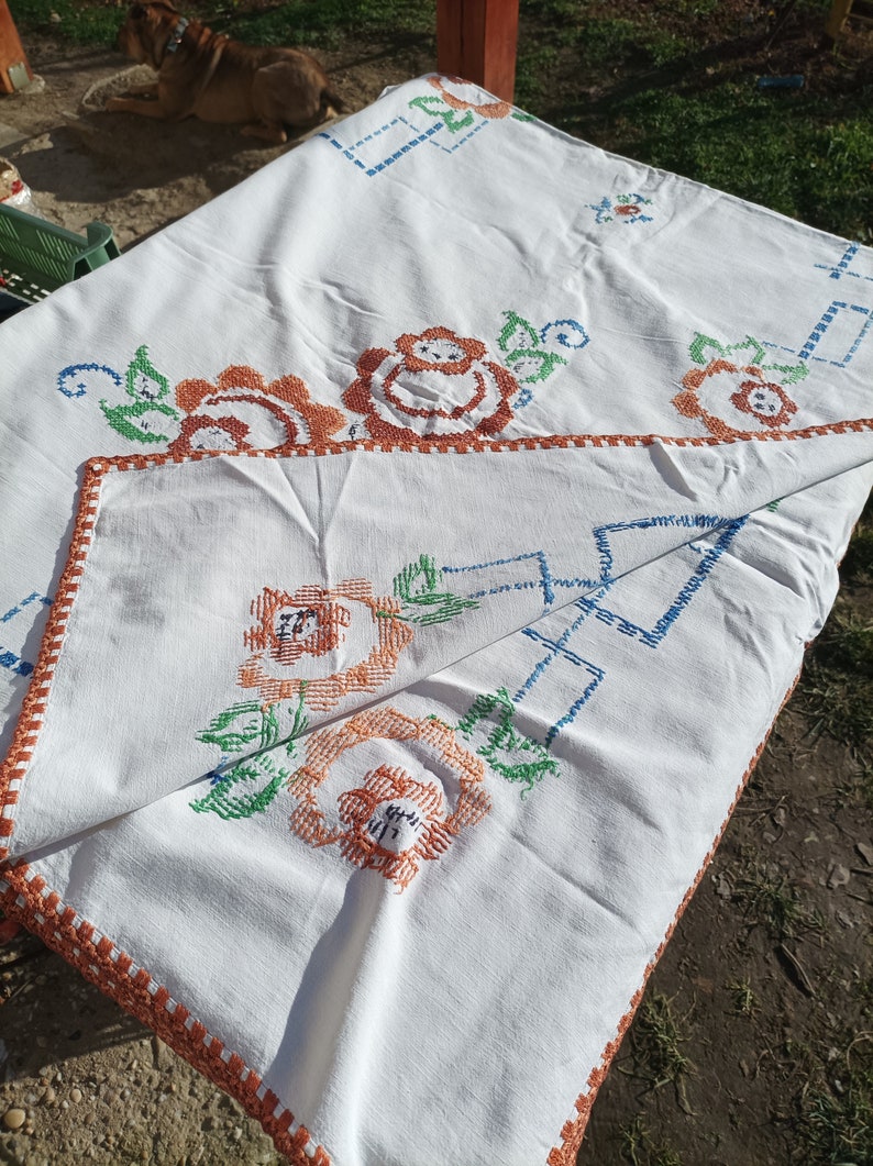 Huge Vintage Cross Stitch Strong Canvas Tablecloth, Geometric ...