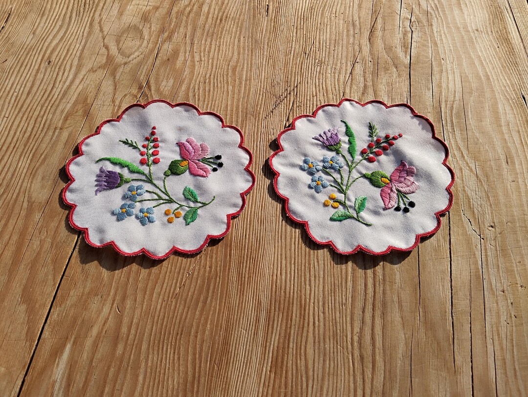 Pair of Vintage Cross Stitch Embroidery Folk Napkins, Flower Designed ...
