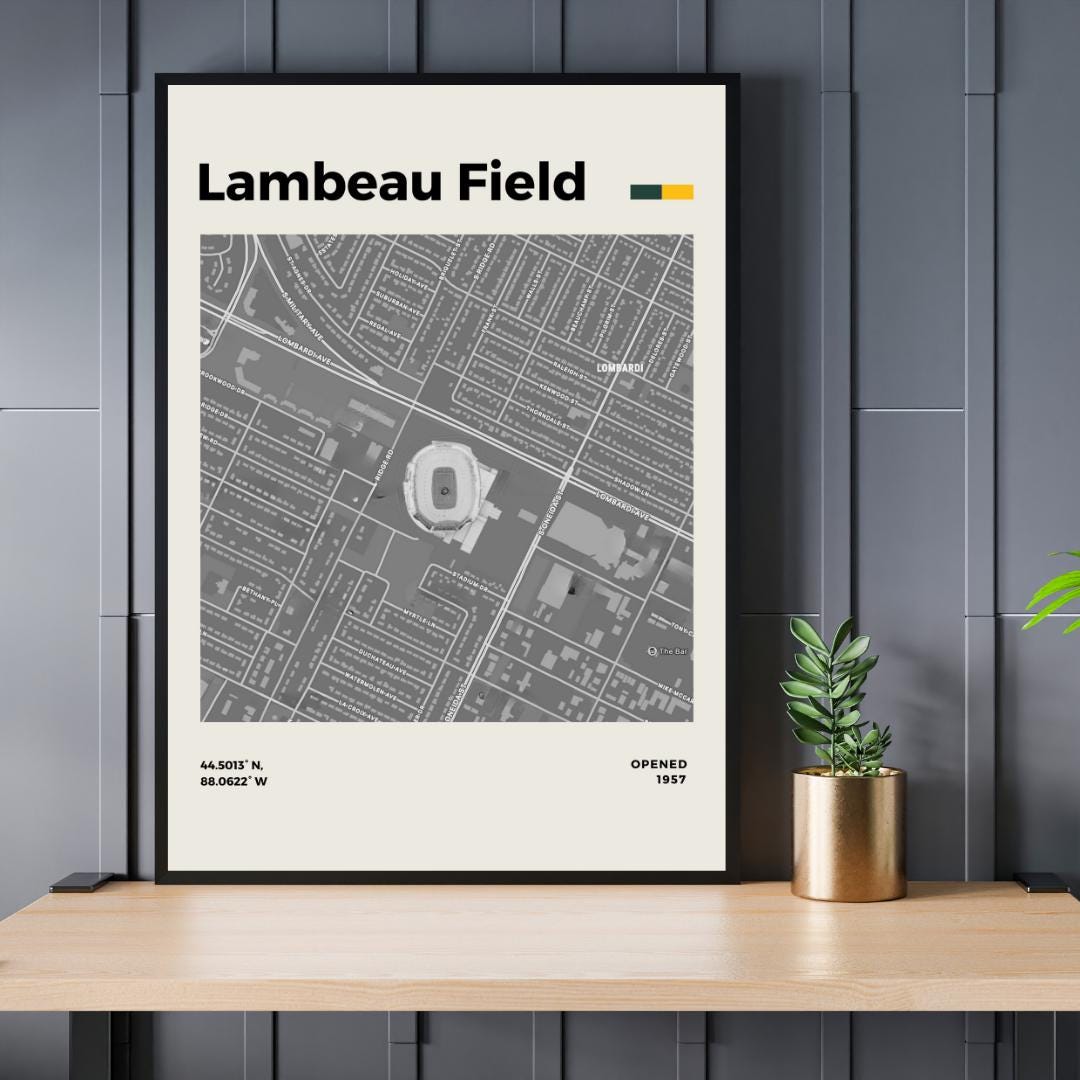 Map of Lambeau Field Print Home of the Green Bay Packers, Office Print ...