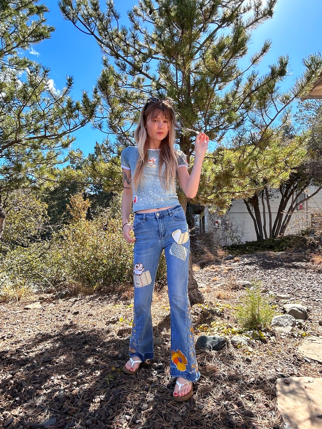 Upcycled Stretch Denim Flared Jeans With Vintage Patches Size 5 - Etsy