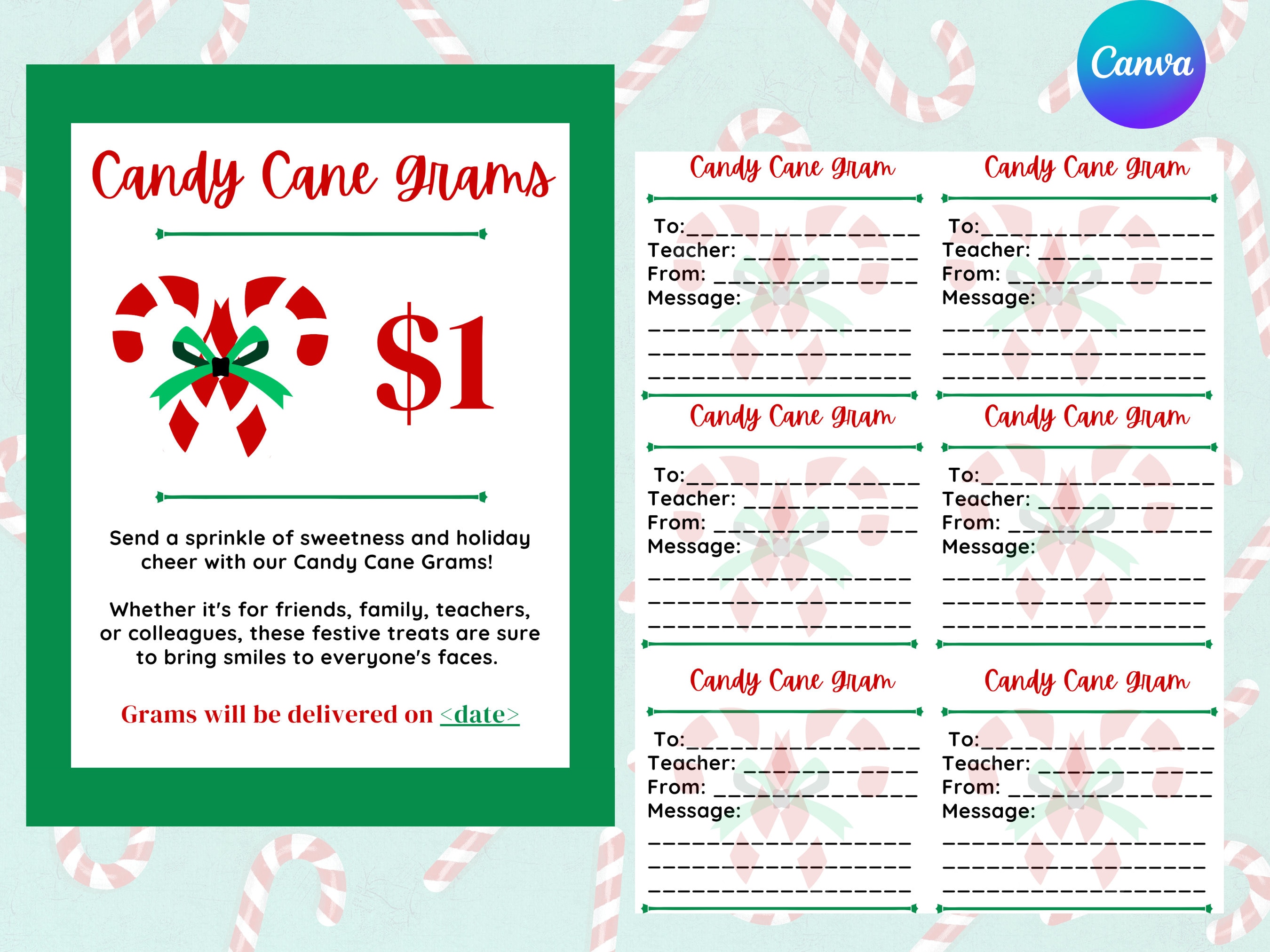 Editable Candy Gram Candy Cane Fundraiser Customizable Digital Template ...