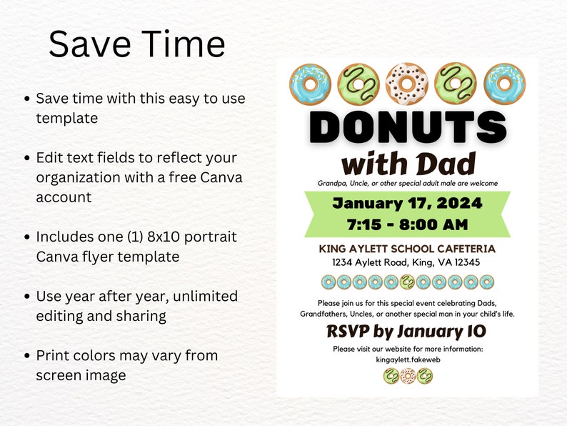 Donuts With Dad Flyer Canva Template - Customizable for PTA PTO PTSA ...